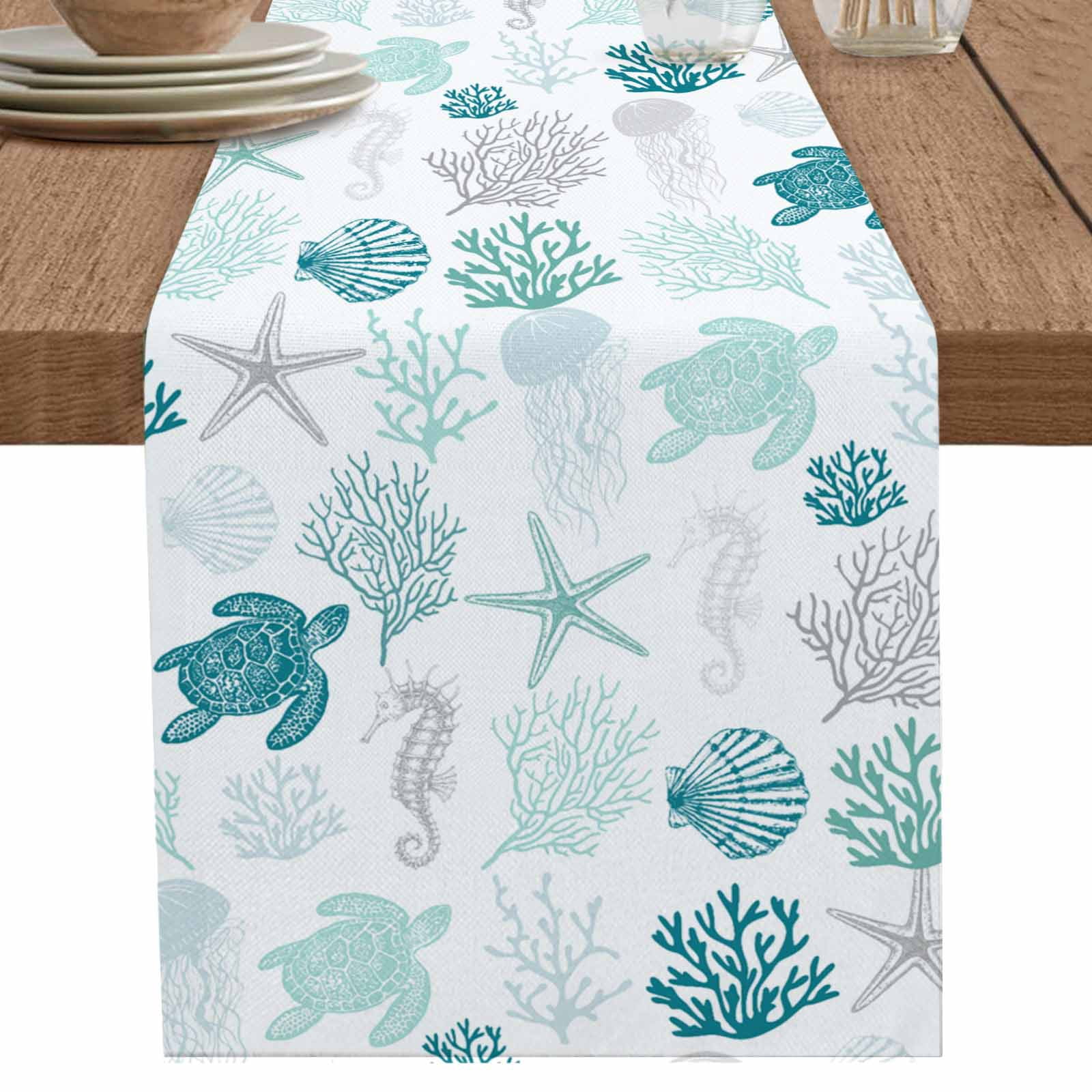 nqOlkjepod Turquoise Coastal Table Runner 120 Inches Long Farmhouse ...