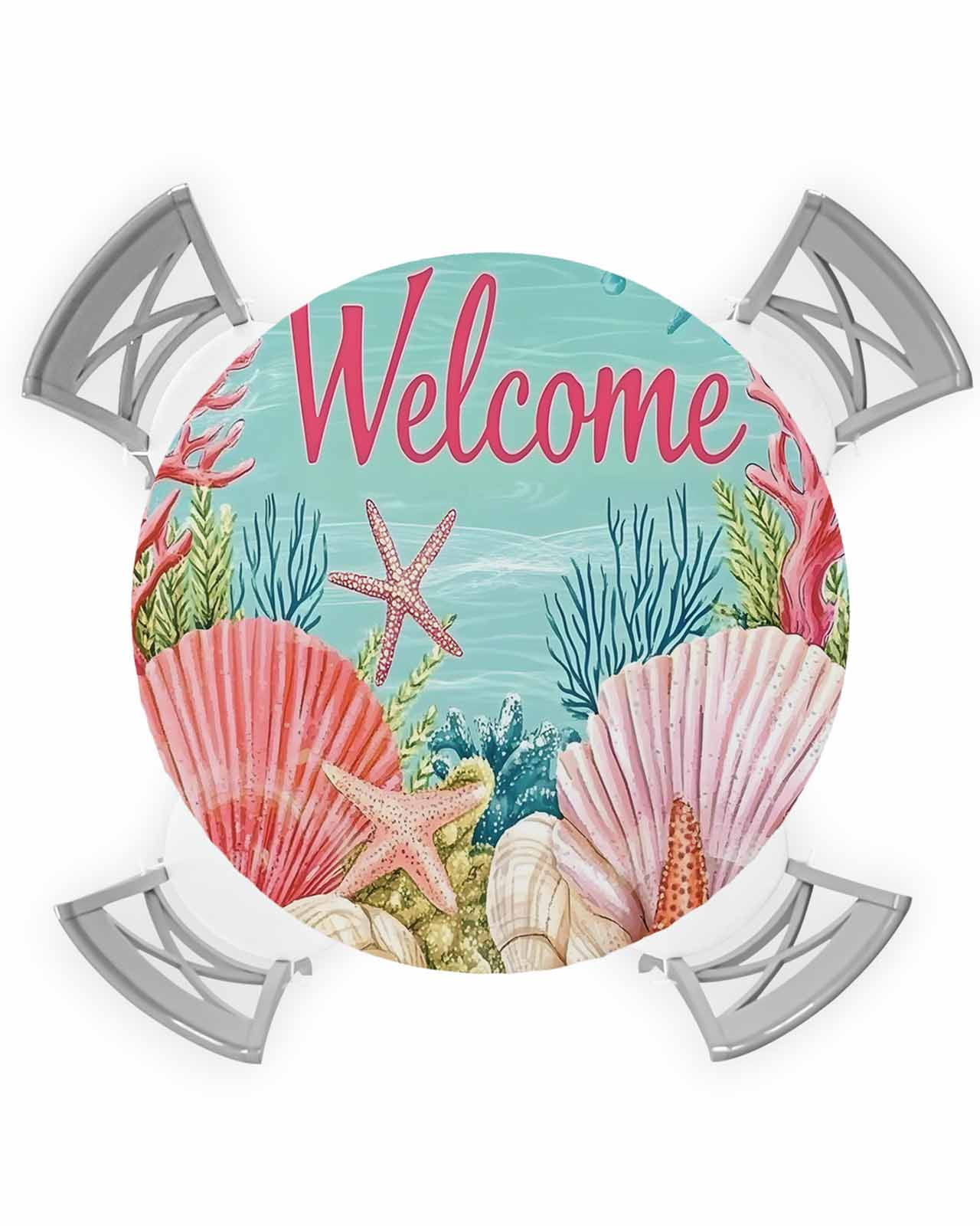 nqOlkjepod Turquoise Coastal Welcome Round Tablecloth, Fitted Table ...