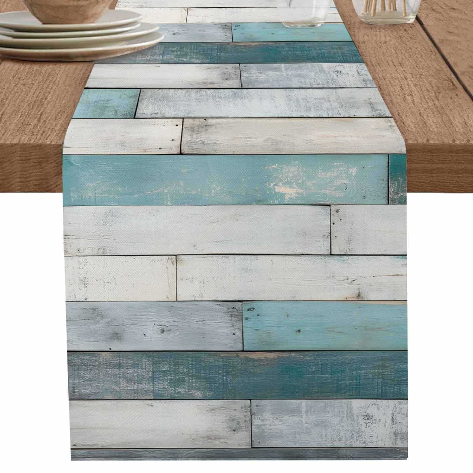 nqOlkjepod Turquoise Grey Wooden Table Runner 72 Inches Long Farmhouse ...