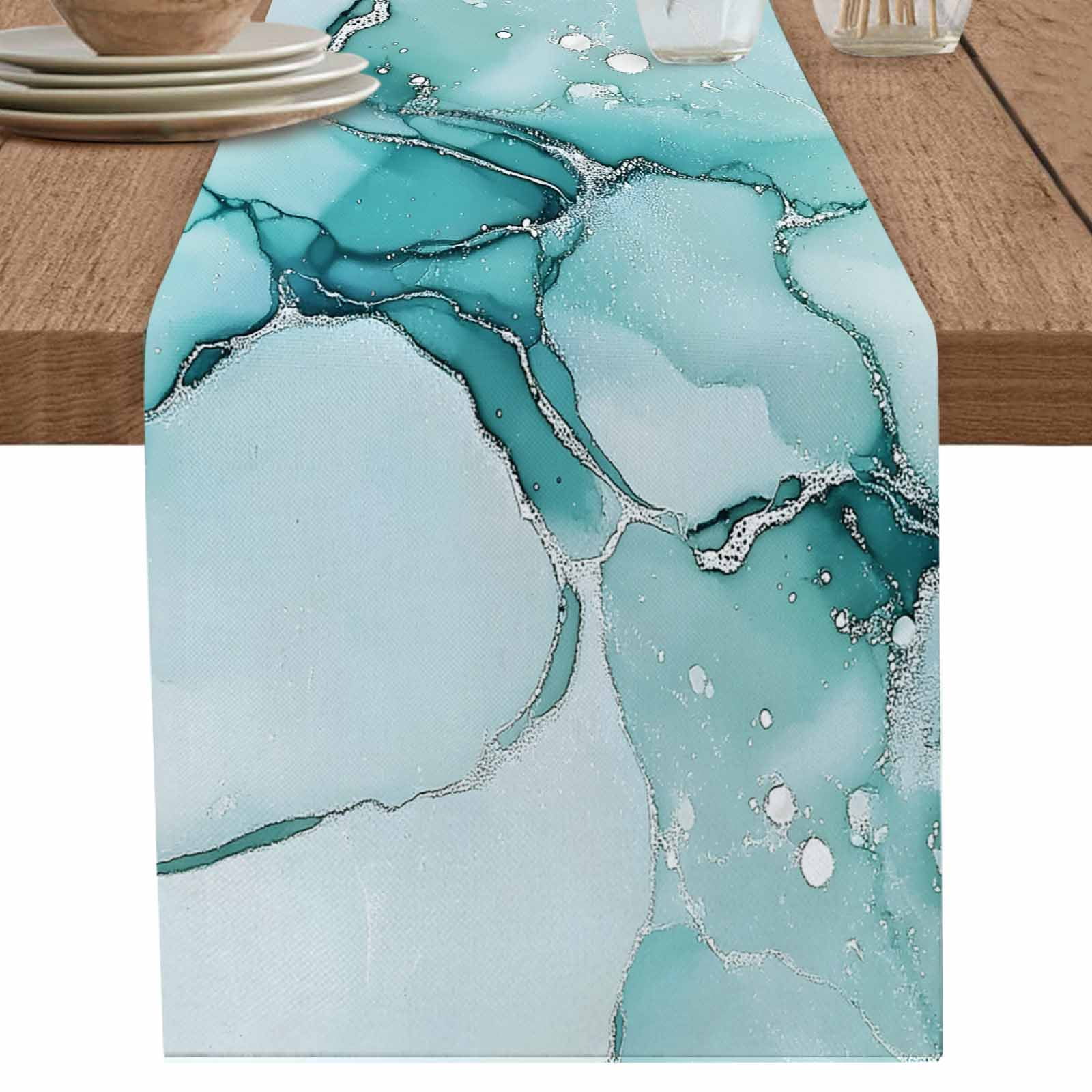 nqOlkjepod Turquoise Marble Table Runner 90 Inches Long Farmhouse Dress ...