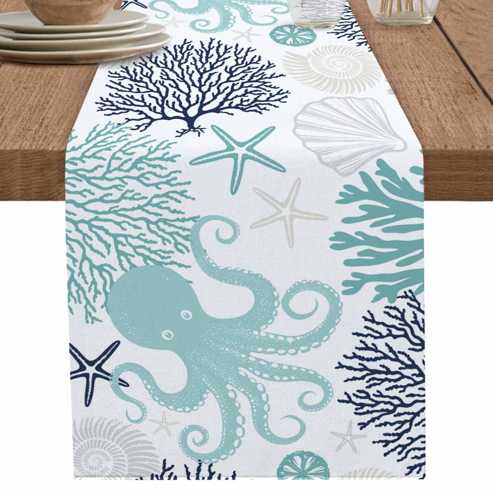 nqOlkjepod Turquoise Octopus Coastal Table Runner 70 Inches Long ...