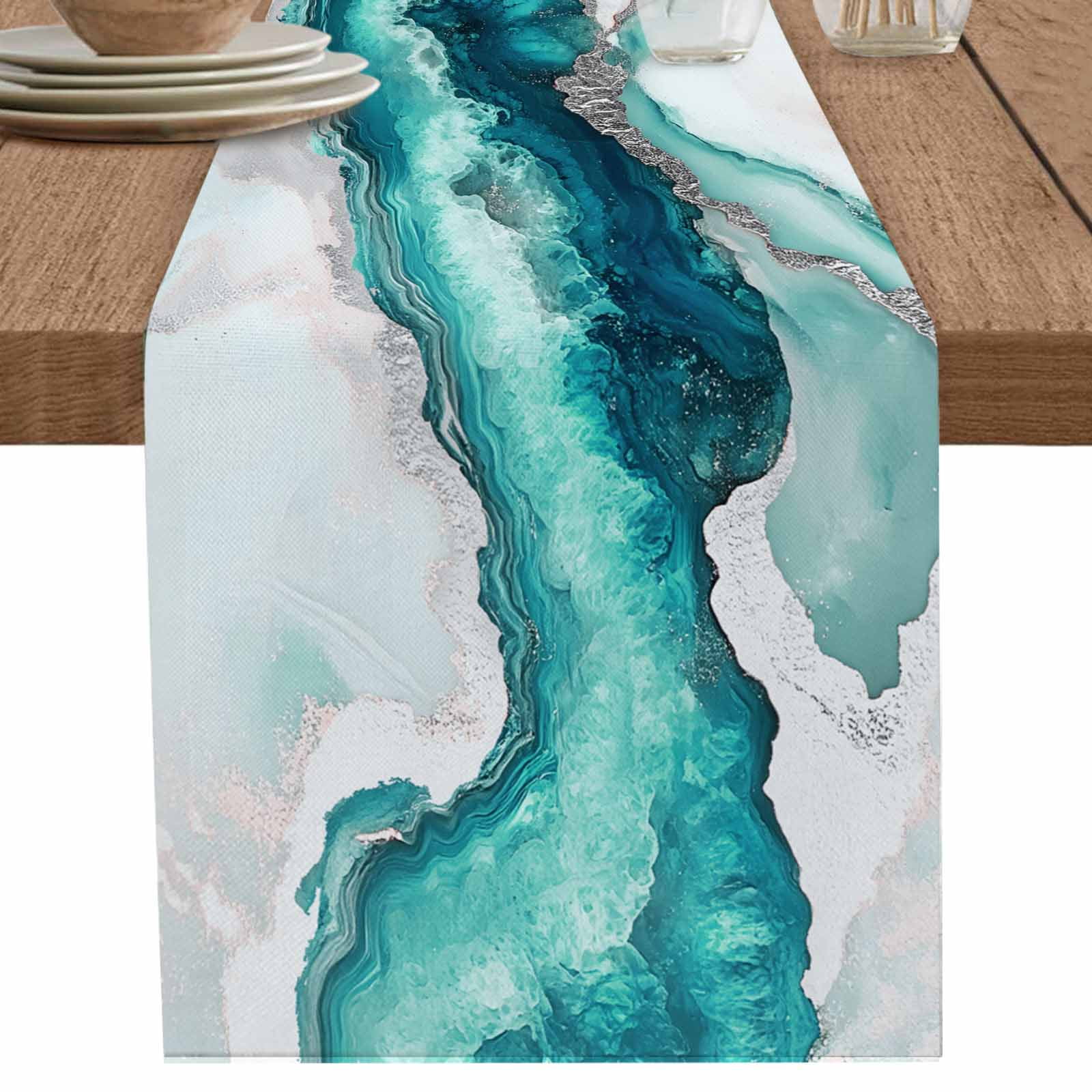 nqOlkjepod Turquoise White Marble Table Runner 36 Inches Long Farmhouse ...