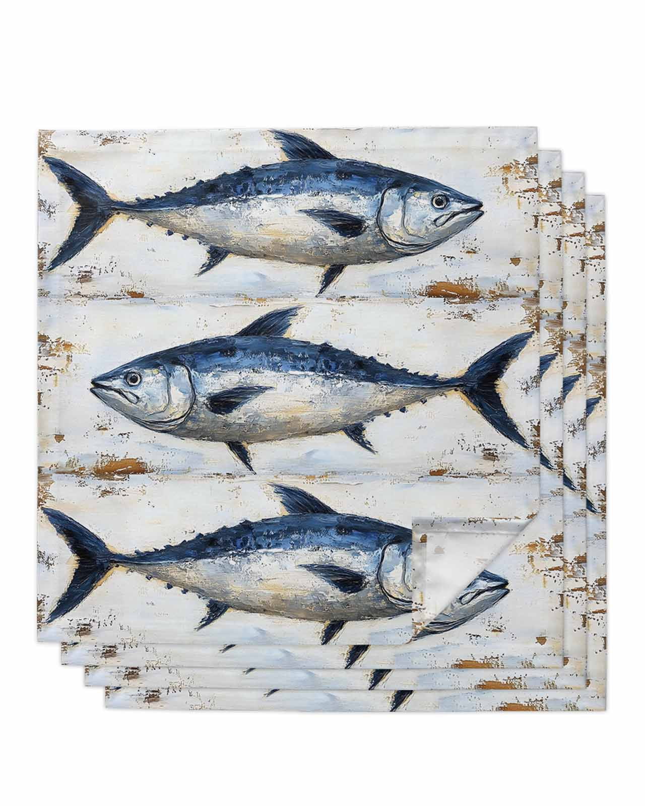 nqOlkjepod Vintage Blue Fish Cloth Napkins Set of 4 Reusable Dinner ...