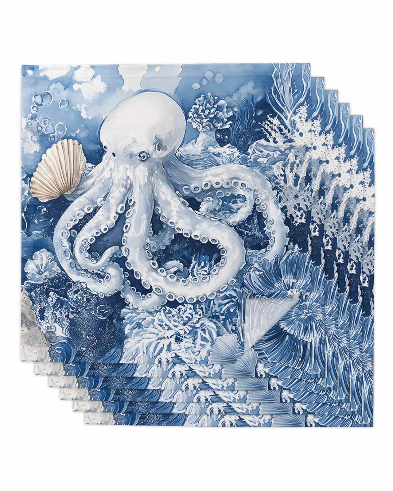 nqOlkjepod White Blue Octopus Coastal Cloth Napkins Set of 6 Reusable ...