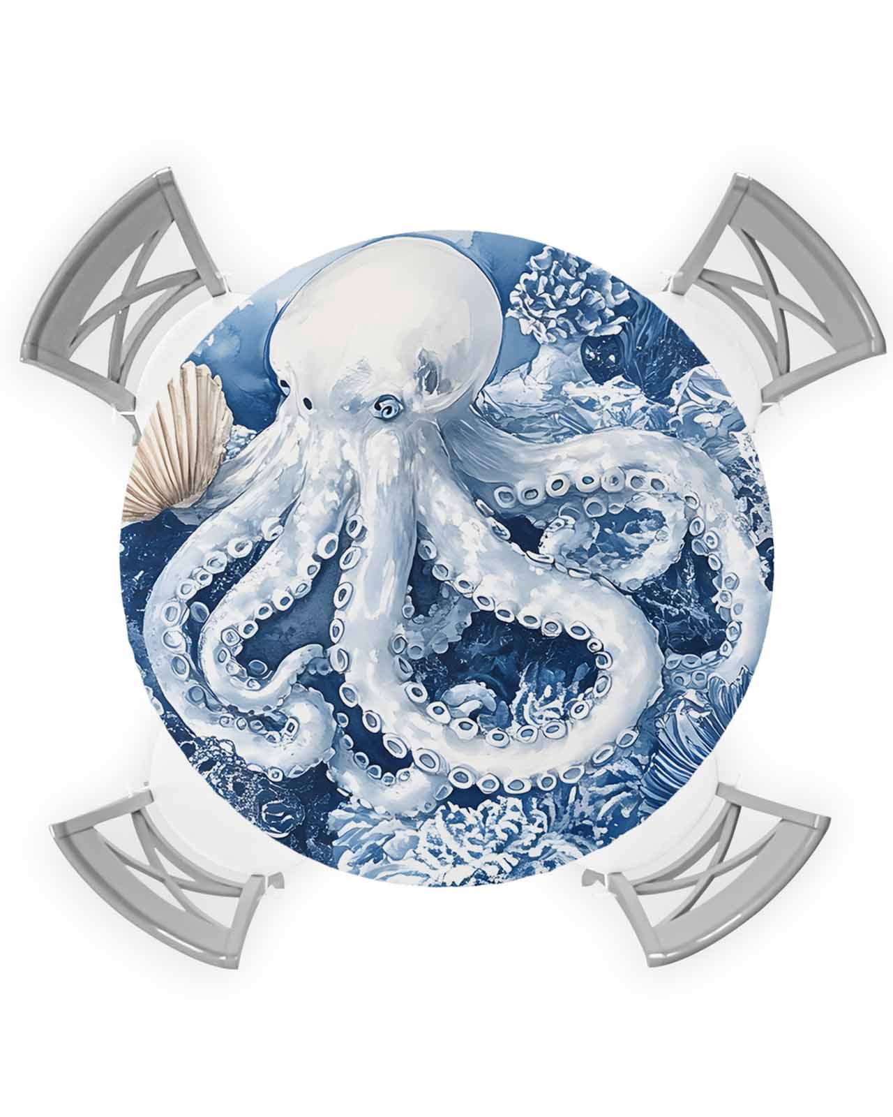 nqOlkjepod White Blue Octopus Coastal Round Tablecloth, Fitted Table ...