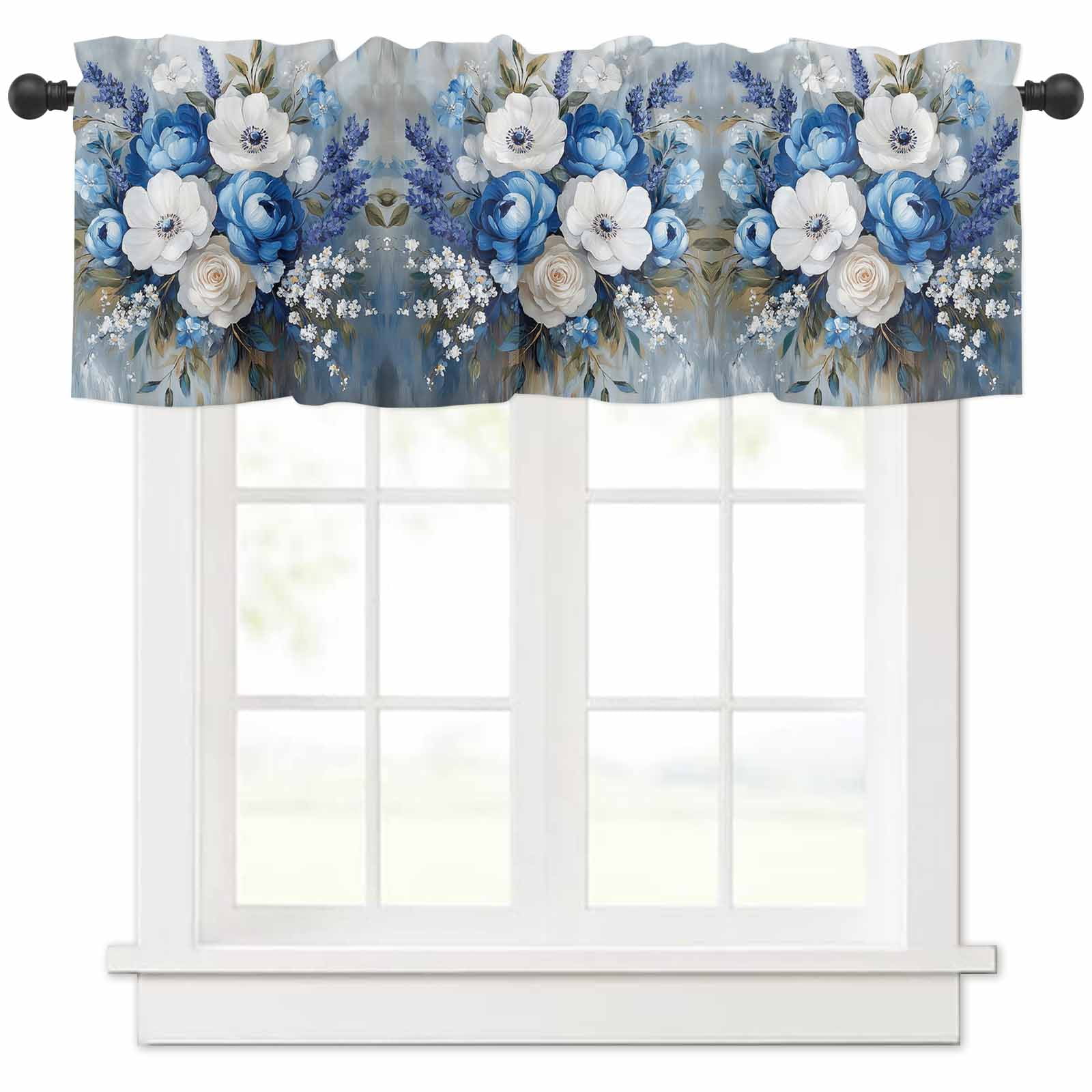 nqOlkjepod White Blue Spring Floral Farmhouse Short Window Curtain ...
