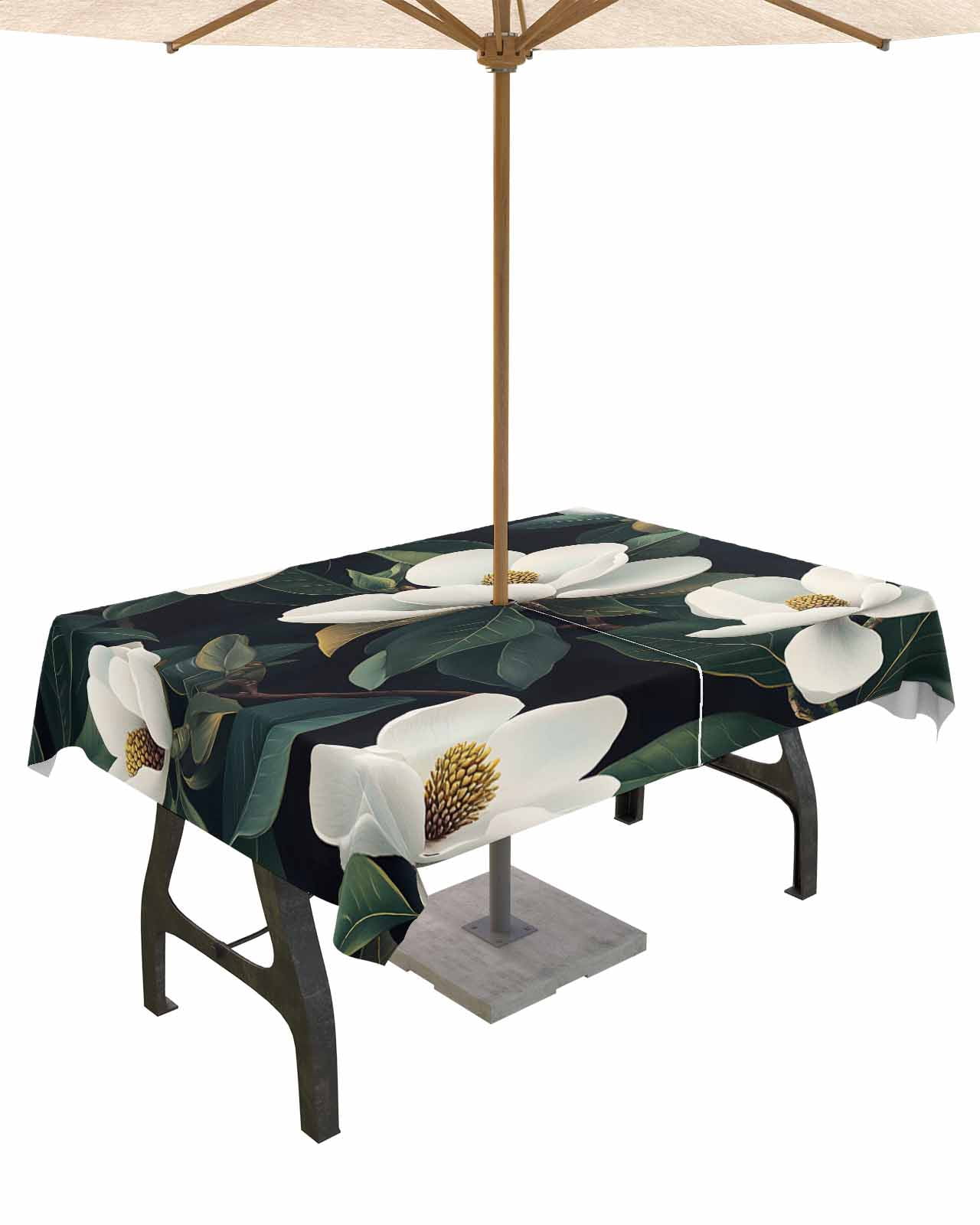 nqOlkjepod White Floral Outdoor Tablecloth with Umbrella Hole & Zipper ...