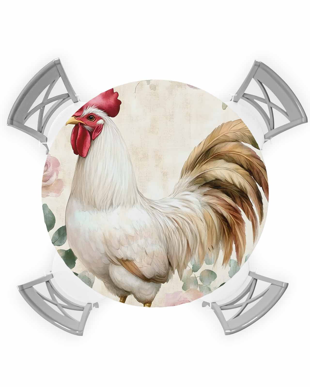 nqOlkjepod White Retro Rooster Round Tablecloth, Fitted Table Cover ...