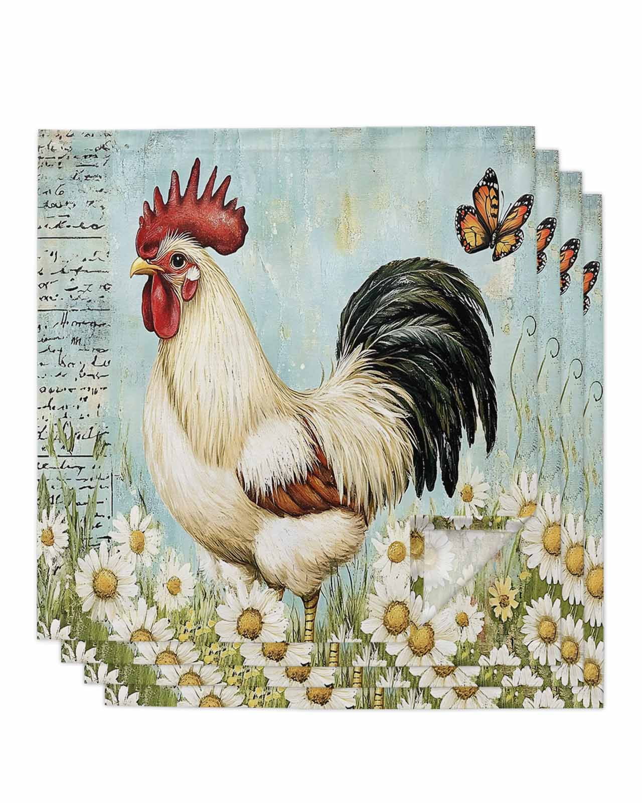 nqOlkjepod White Spring Floral Rooster Cloth Napkins Set of 4 Reusable ...
