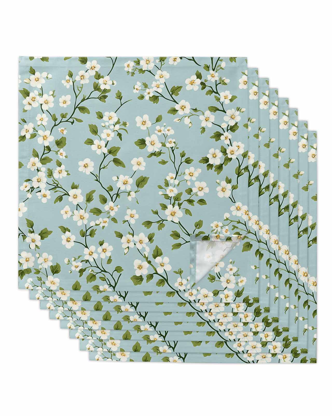 nqOlkjepod White Teal Spring Floral Cloth Napkins Set of 8 Reusable ...