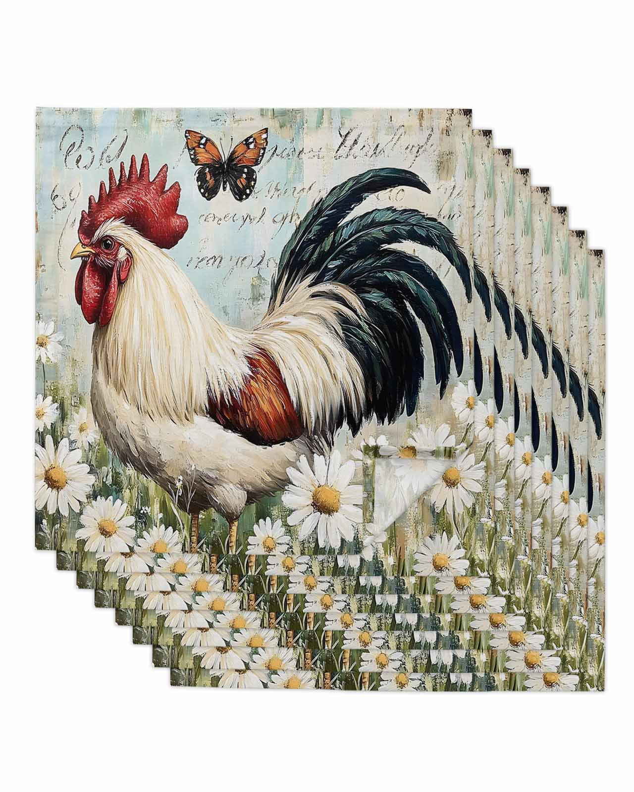 nqOlkjepod White Vintage Rooster Cloth Napkins Set of 8 Reusable Dinner ...