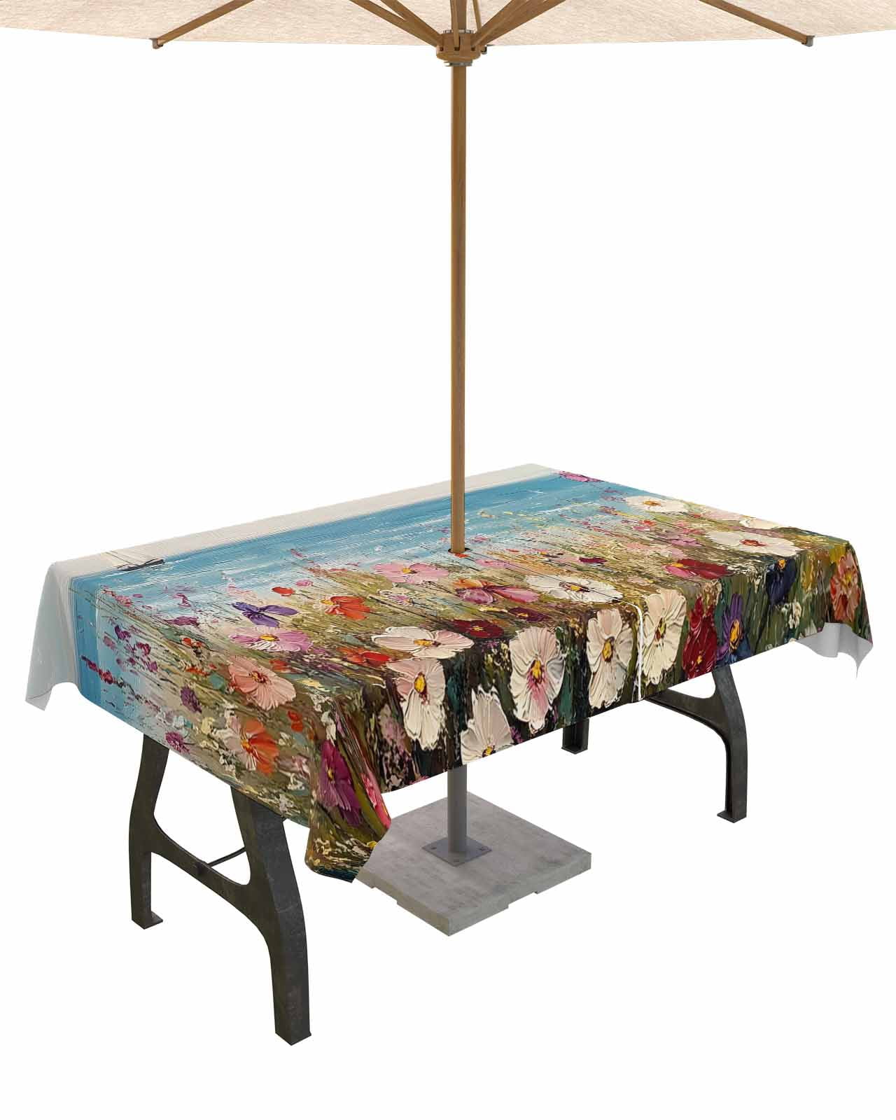 nqOlkjepod Wildflowers Oil Painted Outdoor Tablecloth with Umbrella ...