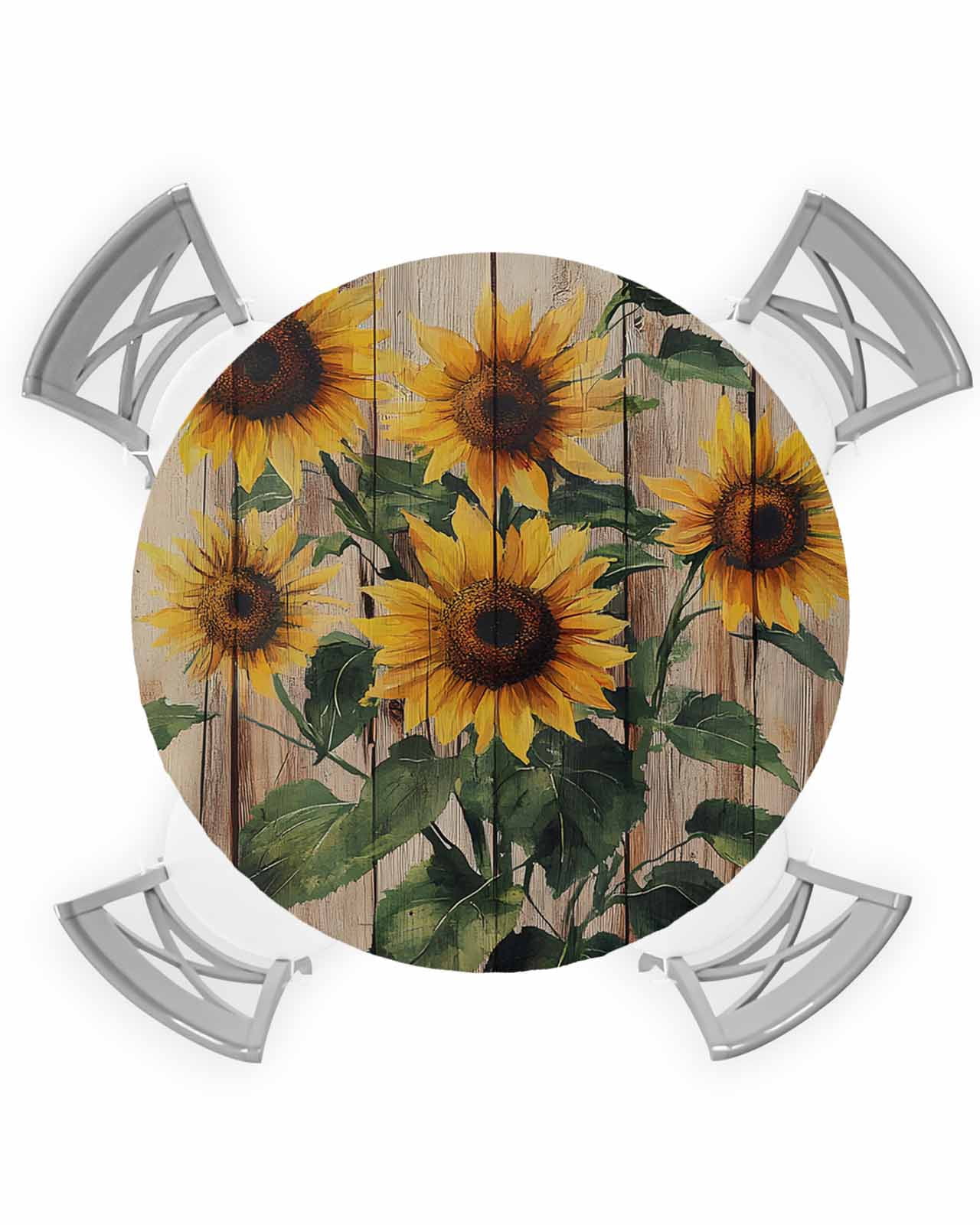 nqOlkjepod Wooden Sunflower Round Tablecloth, Fitted Table Cover with ...