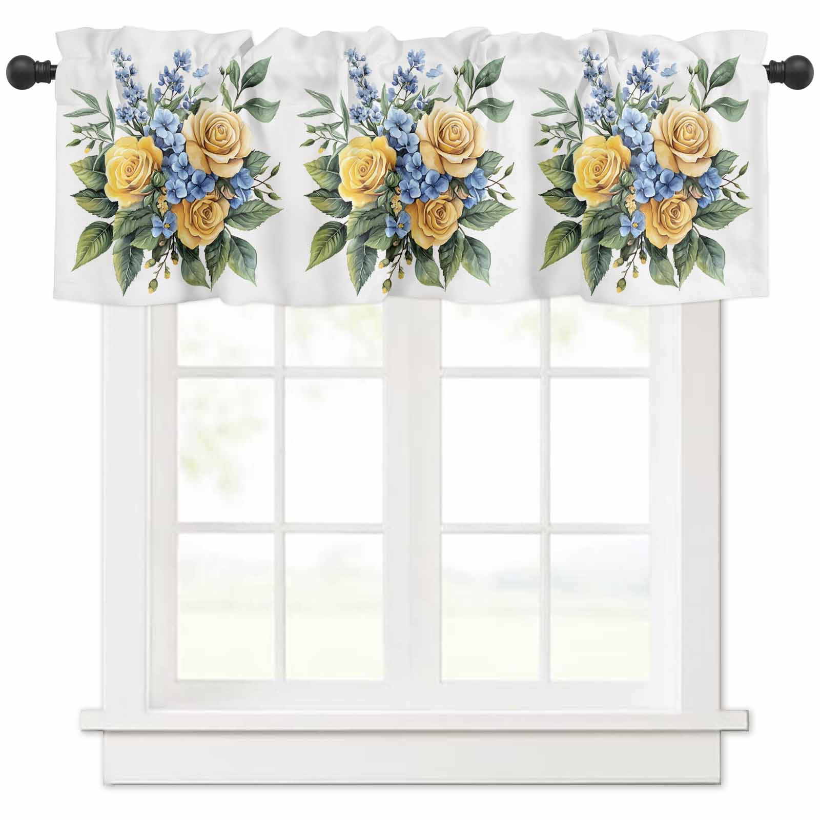nqOlkjepod Yellow Blue Floral Leaves Farmhouse Short Window Curtain ...