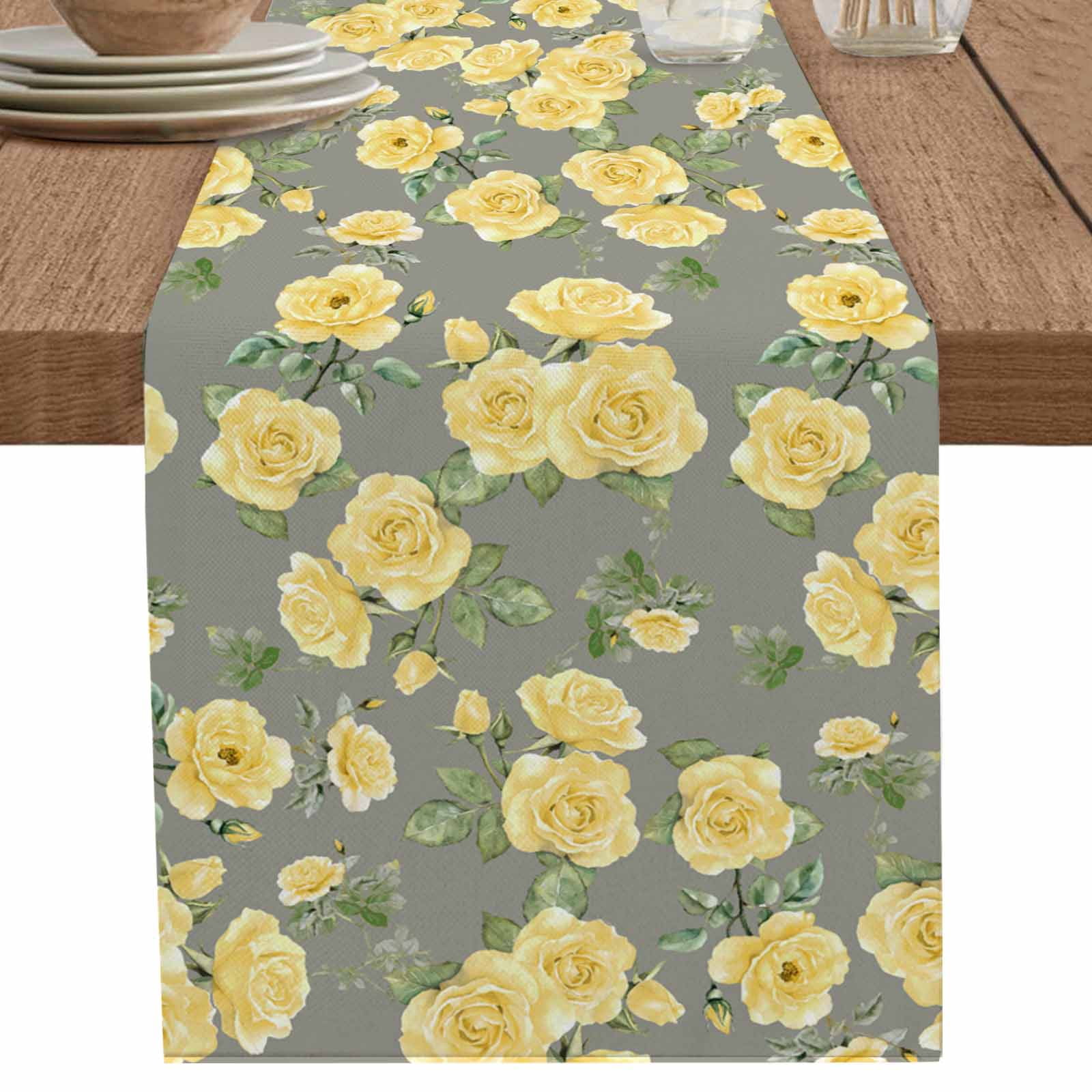 nqOlkjepod Yellow Floral Table Runner 120 Inches Long Farmhouse Dress ...
