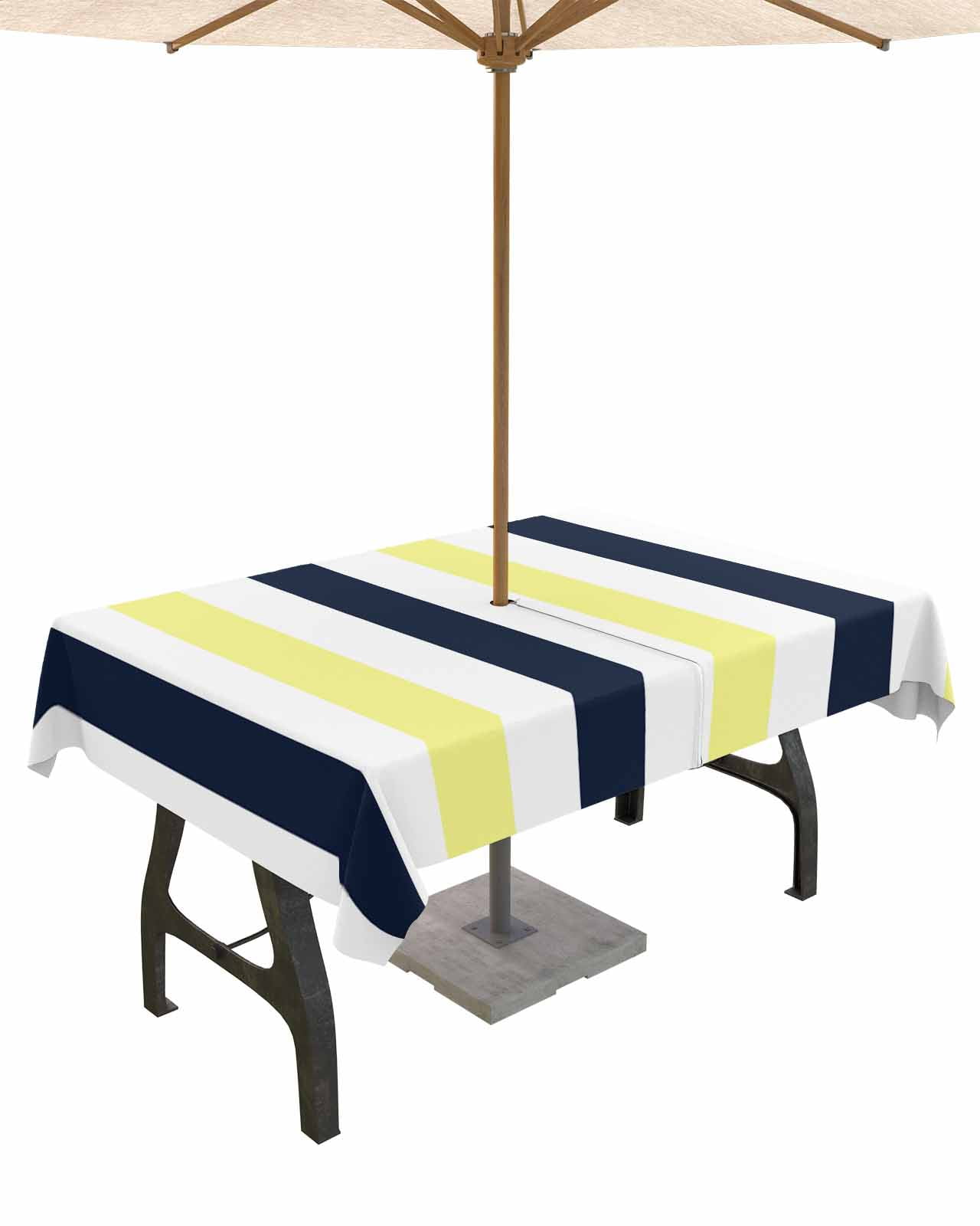 nqOlkjepod Yellow Navy Blue Striped Outdoor Tablecloth with Umbrella ...