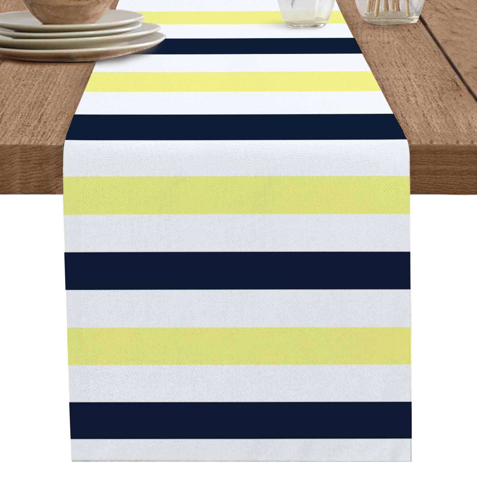 nqOlkjepod Yellow Navy Blue Striped Table Runner 48 Inches Long ...