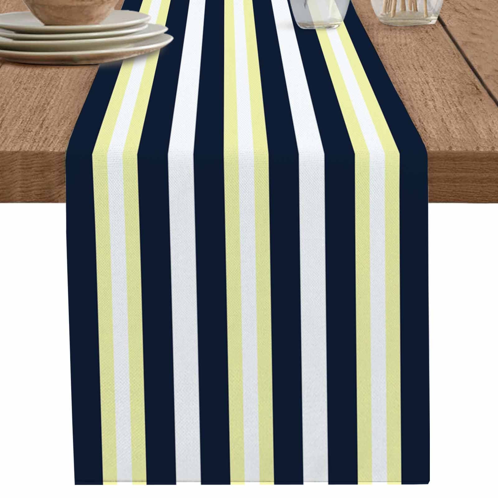nqOlkjepod Yellow Navy Blue Striped Table Runner 72 Inches Long ...