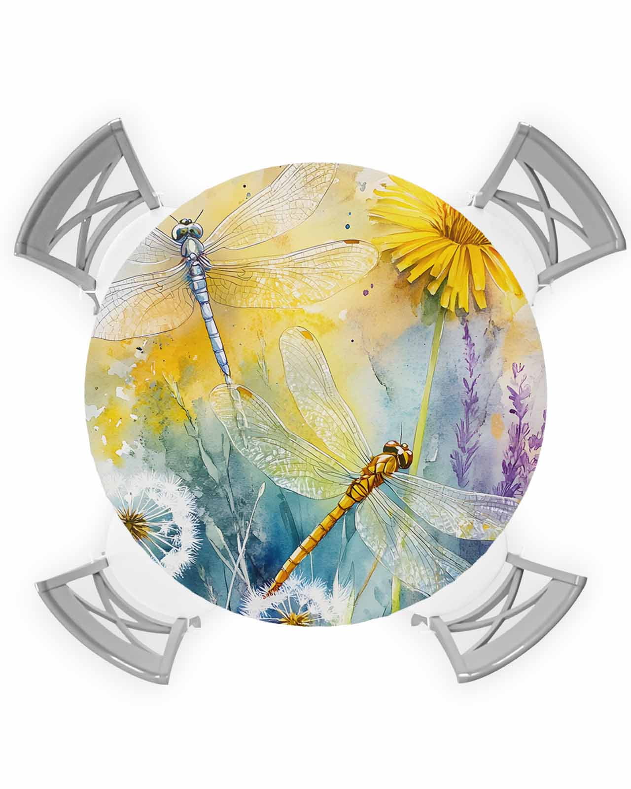 nqOlkjepod Yellow Purple Dragonfly Round Tablecloth, Fitted Table Cover ...