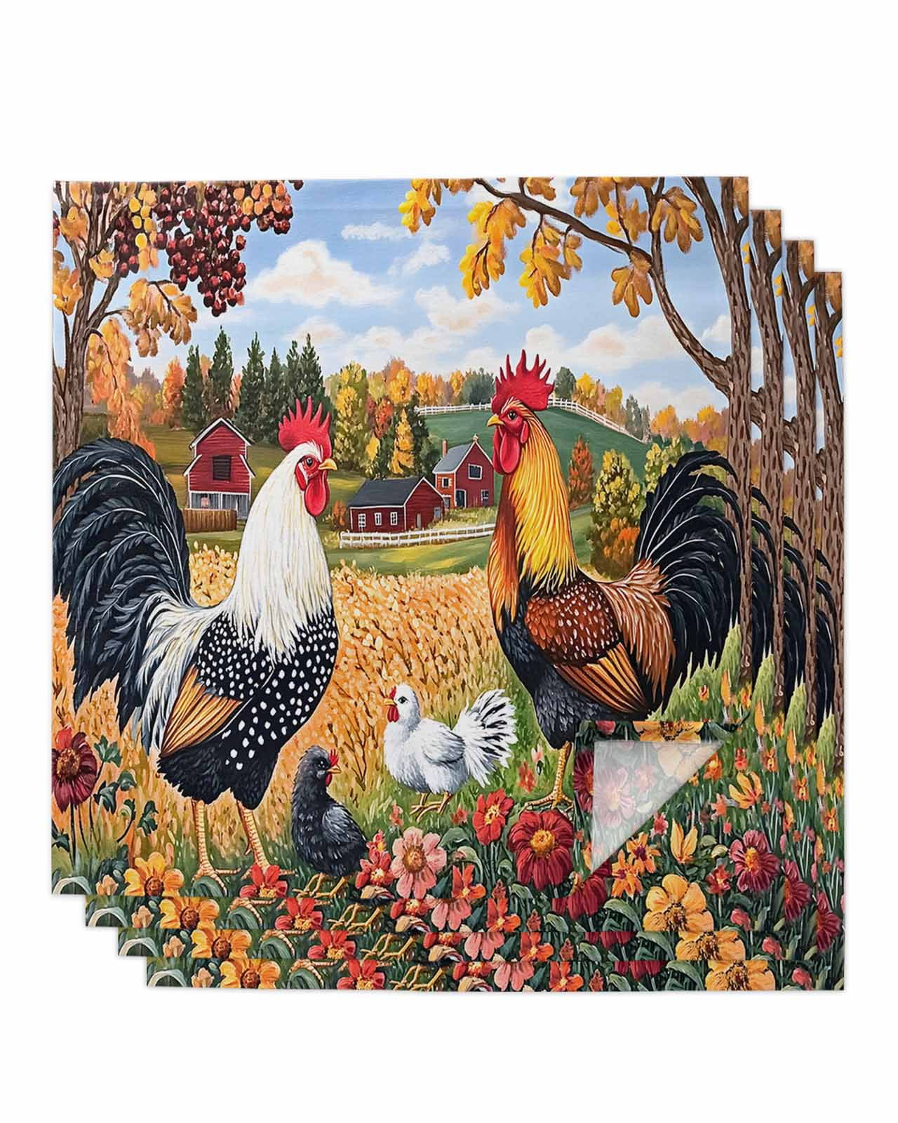 nqOlkjepod Yellow Retro Rooster Cloth Napkins Set of 4 Reusable Dinner ...