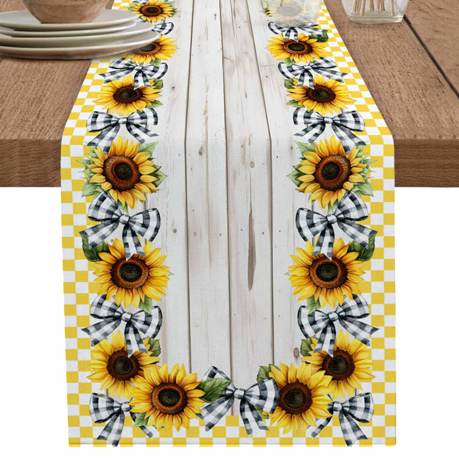 nqOlkjepod Yellow Sunflower Plaid Table Runner 70 Inches Long Farmhouse ...