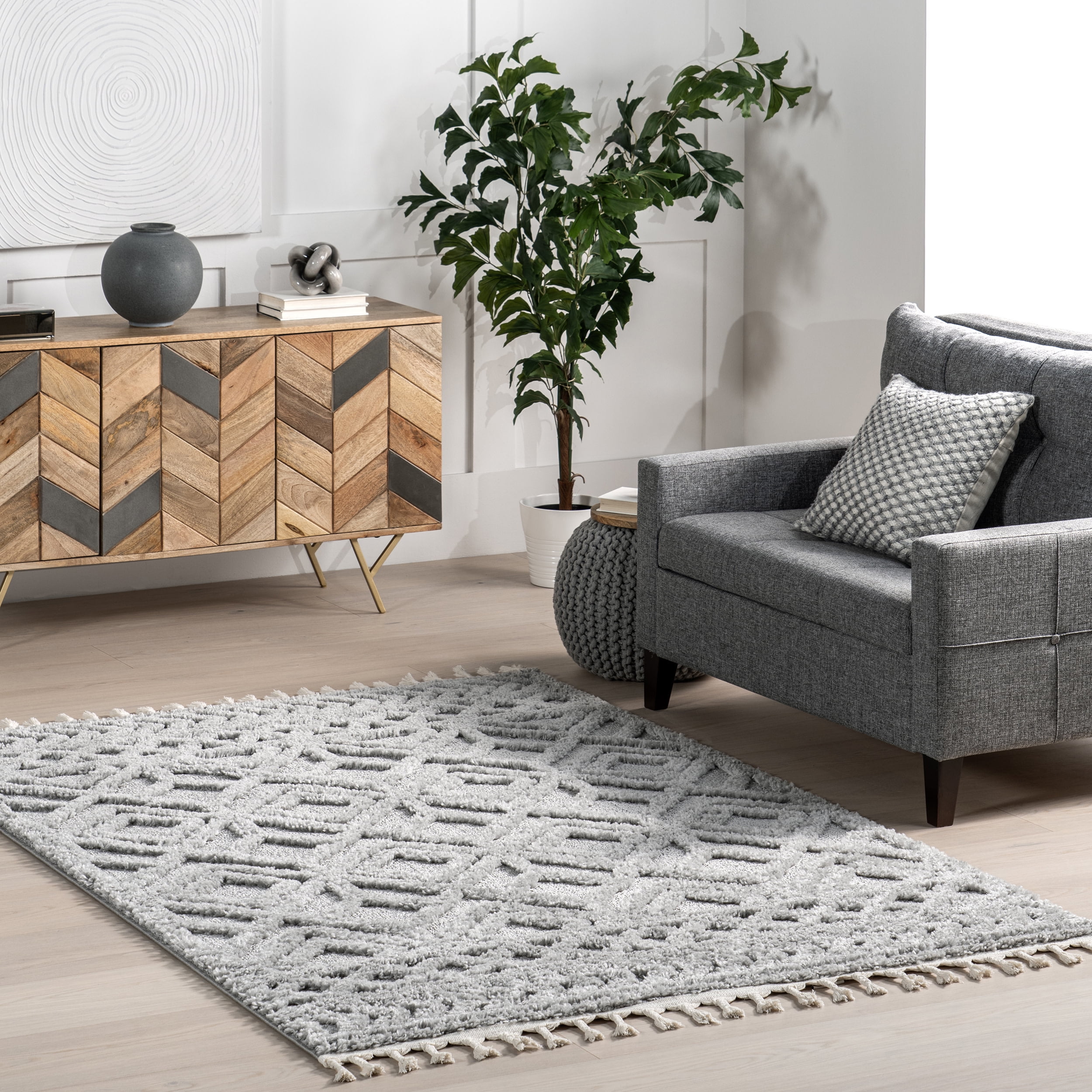 nuLOOM Akia Lattice High/Low Tassel Area Rug, 3' x 5', Light Grey ...