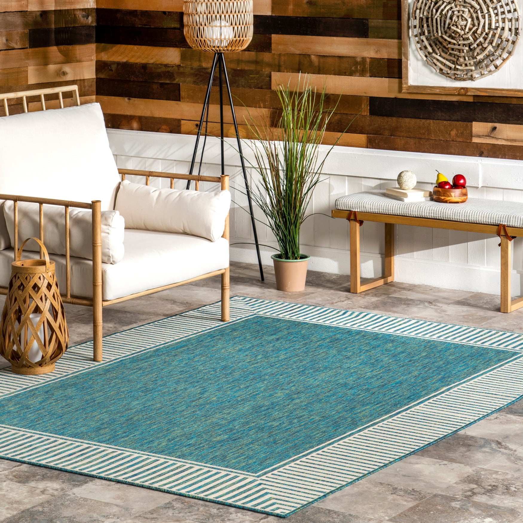 nuLOOM Asha Simple Border Indoor/Outdoor Teal 6' 7" x 9' Casual Area ...