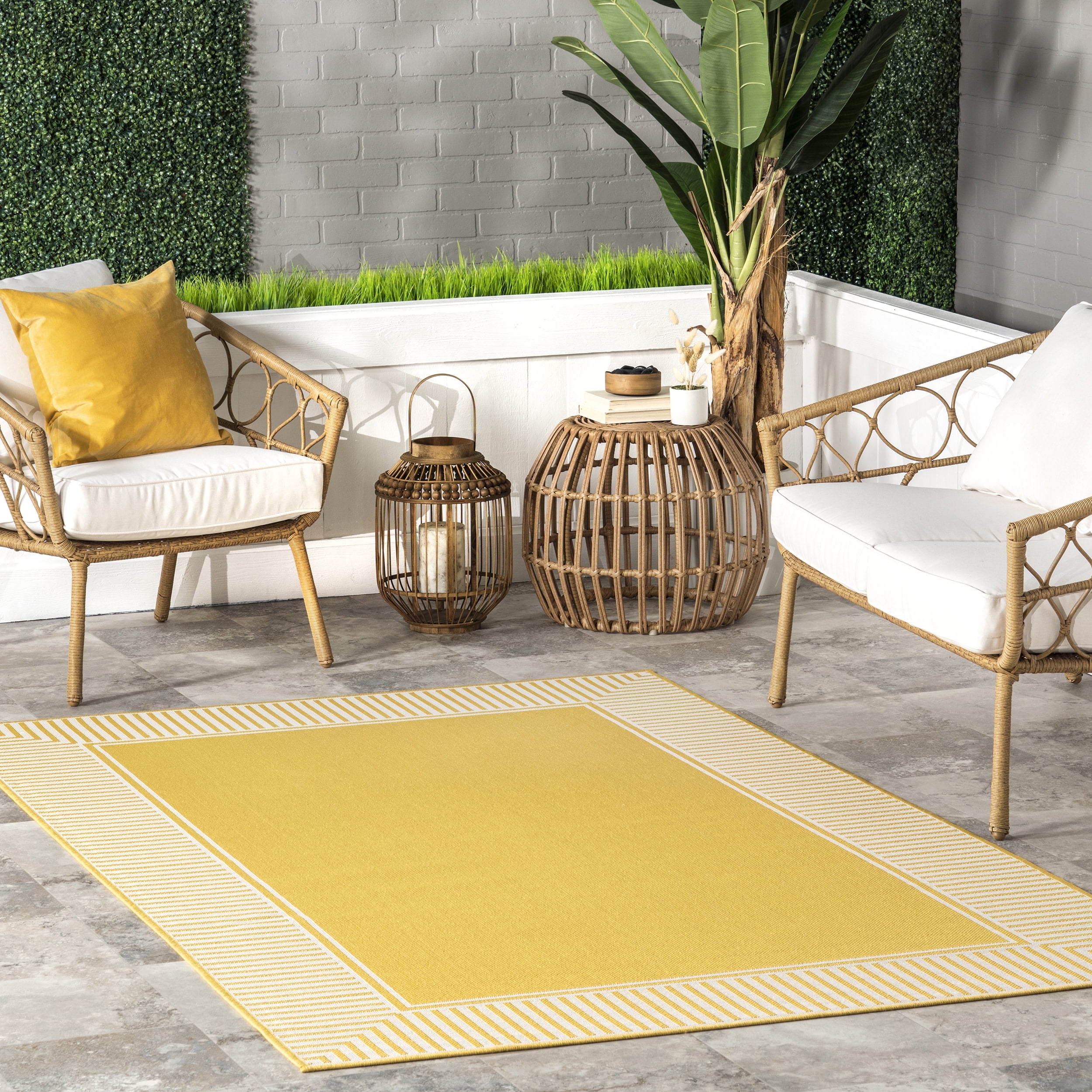 nuLOOM Asha Simple Border Indoor/Outdoor Yellow 6' 7" x 9' Casual Area ...