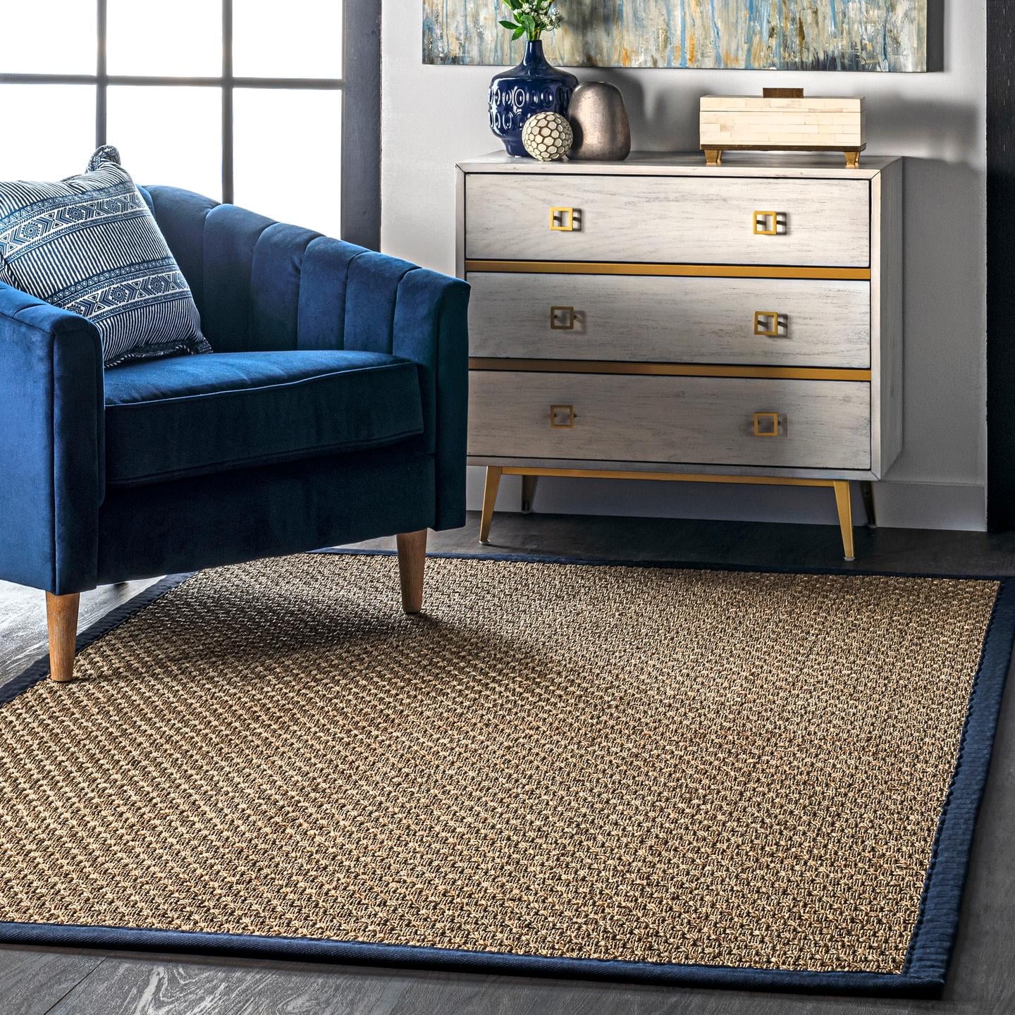 nuLOOM Hesse Checker Weave Seagrass Indoor/Outdoor Navy 2' 6" x 4 ...