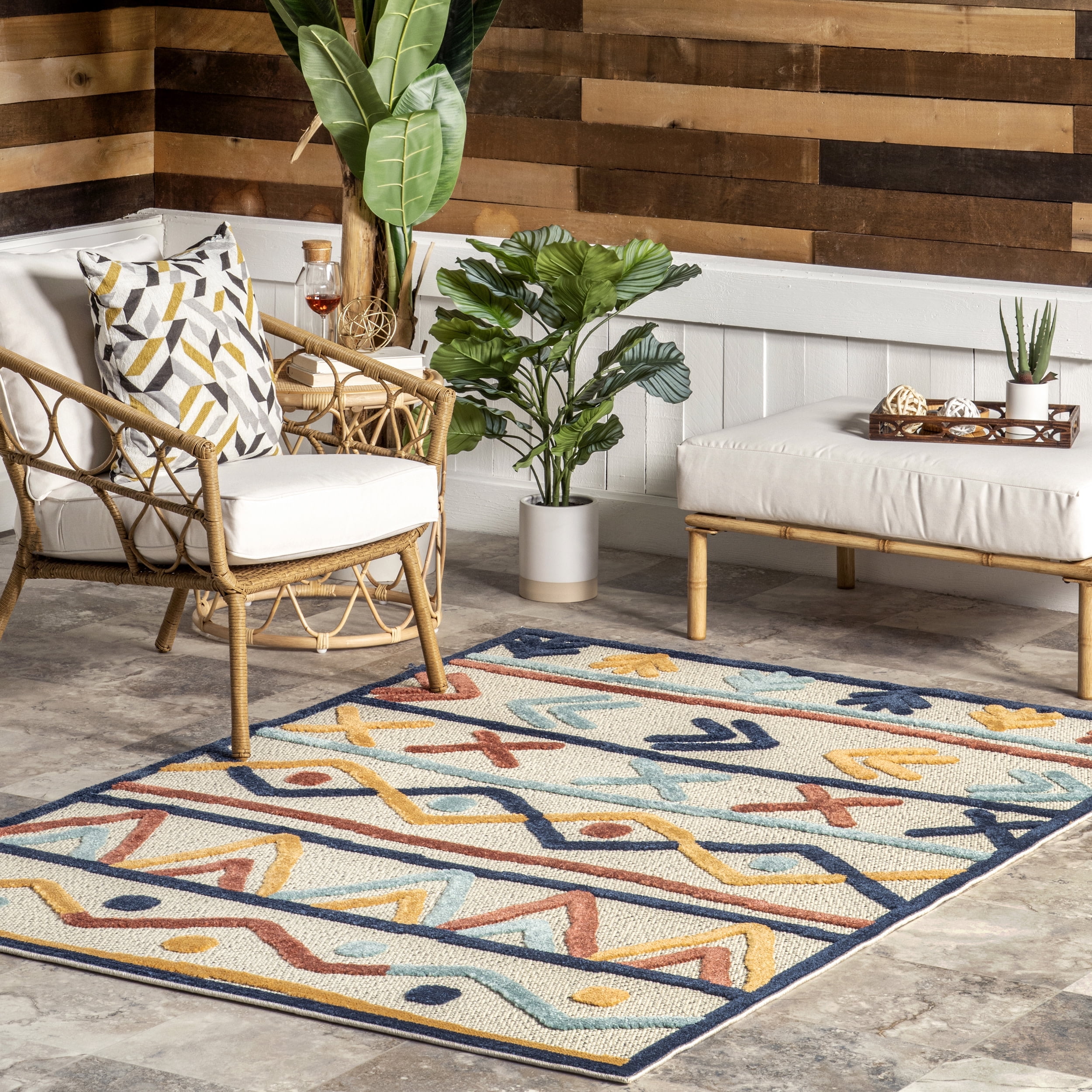 nuLOOM Inés Bohemian Lined Indoor/Outdoor Area Rug, 8' x 10', Blue ...
