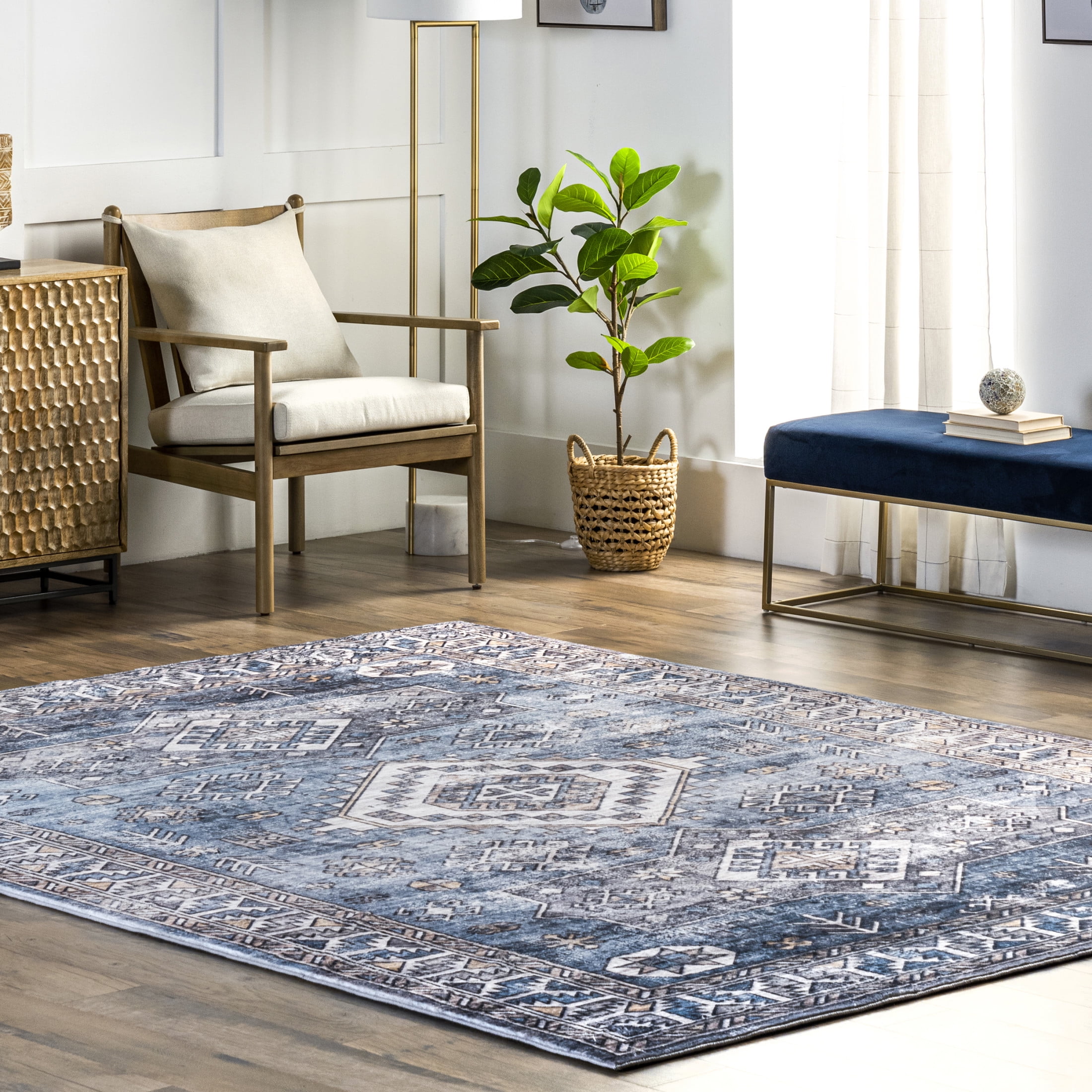 nuLOOM Monika Distressed Aztec Medallion Area Rug 3' x 5' Blue Durable ...