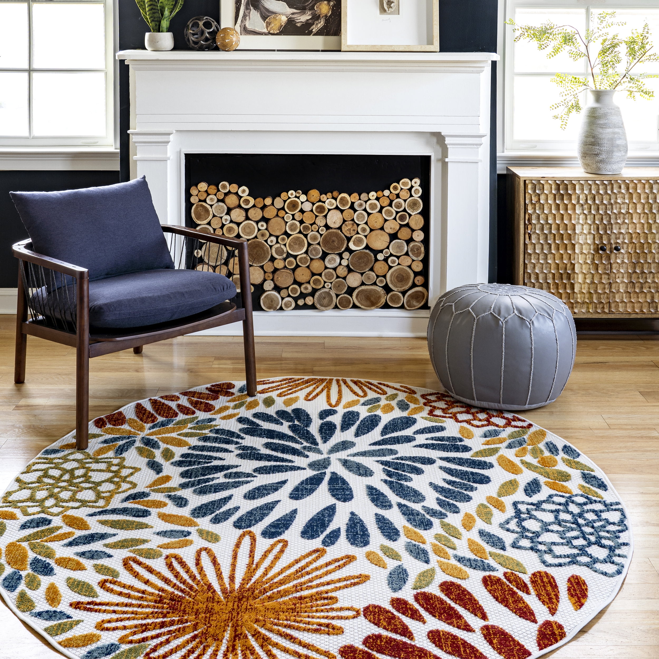 nuLOOM Monique Floral Round Rug, Blue, Modern Design, Indoor Outdoor ...