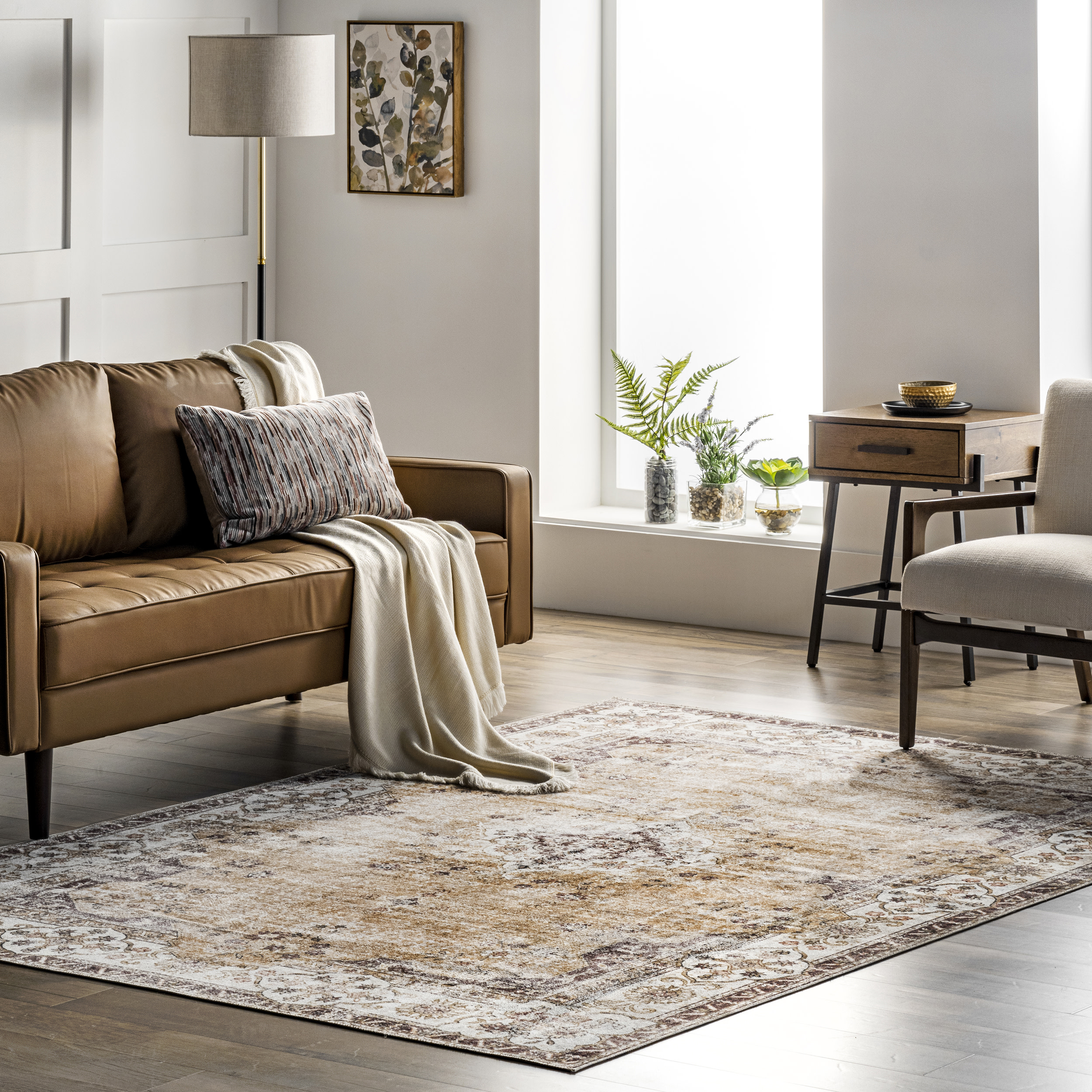 Floral Border 78" Octagon Rug Sand - Walmart.com