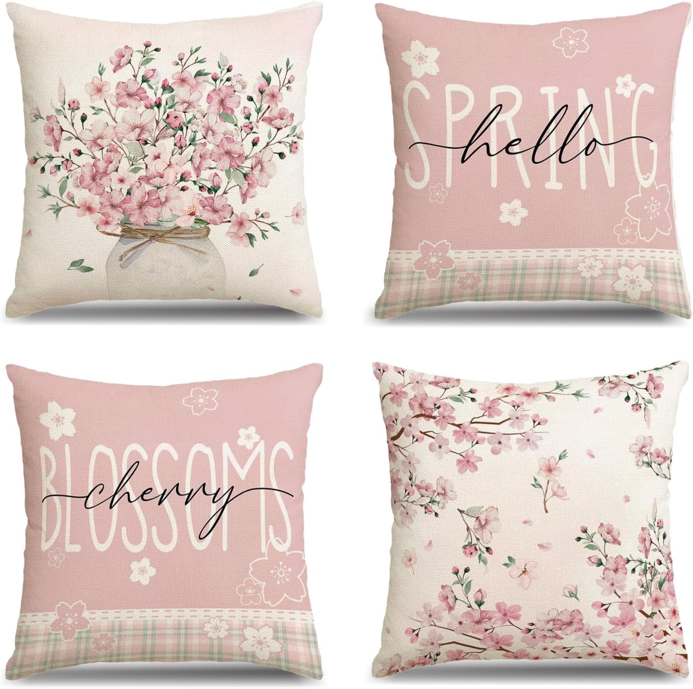 nukooo Pink Sakura Pillow Covers 18x18 Inch Set of 4 Hello Spring ...