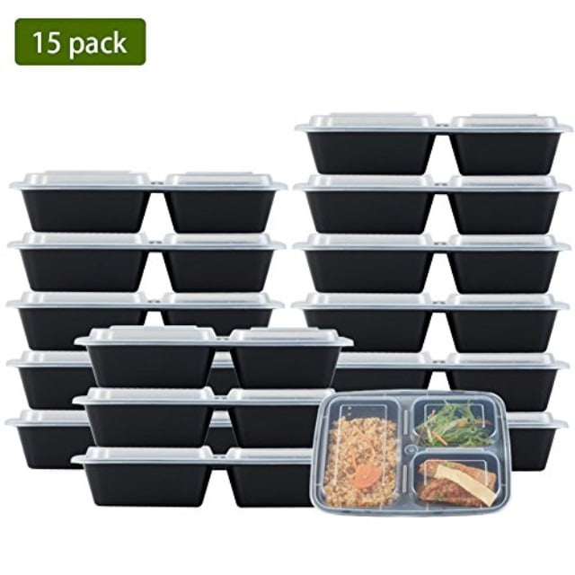nutribox [15 pack] 32oz 3 compartment plastic food storage containers ...