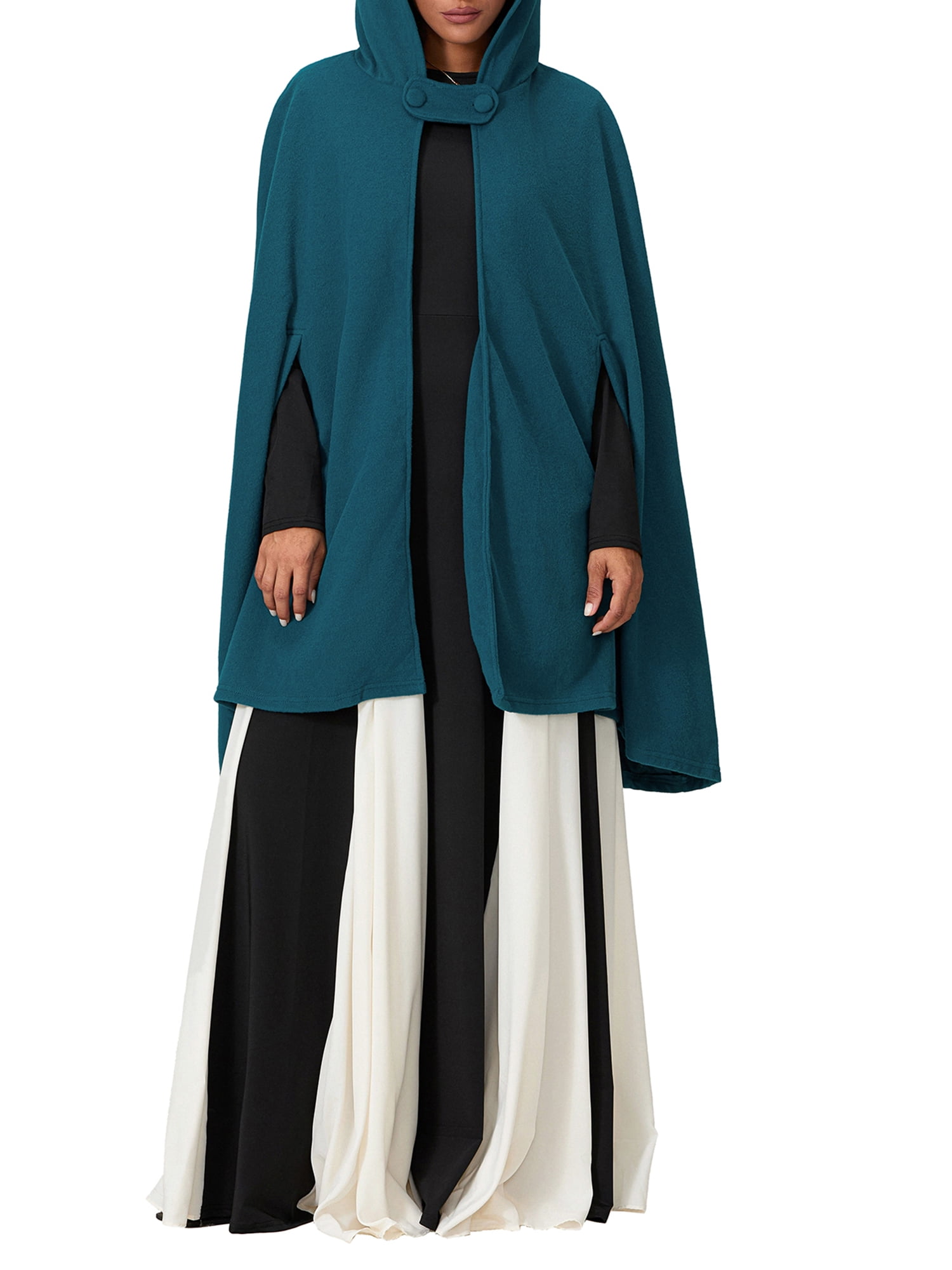 nvzhuang Women's Winter Hooded Cape Coats Button Loose Fit Simple Solid ...