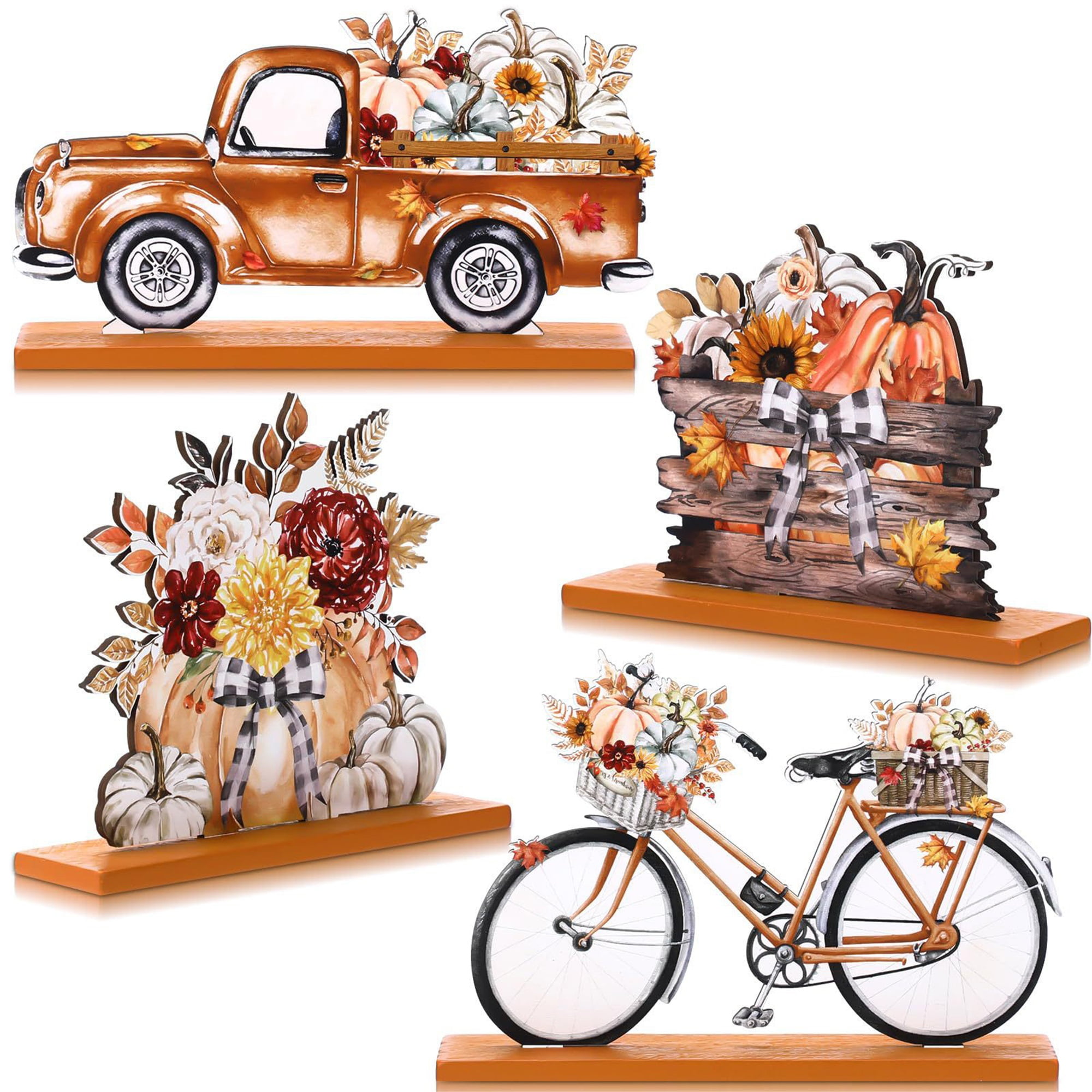 nvzhuang Wooden Fall Desk Decorations 4Pcs Set Bicycle Truck Pumpkin ...