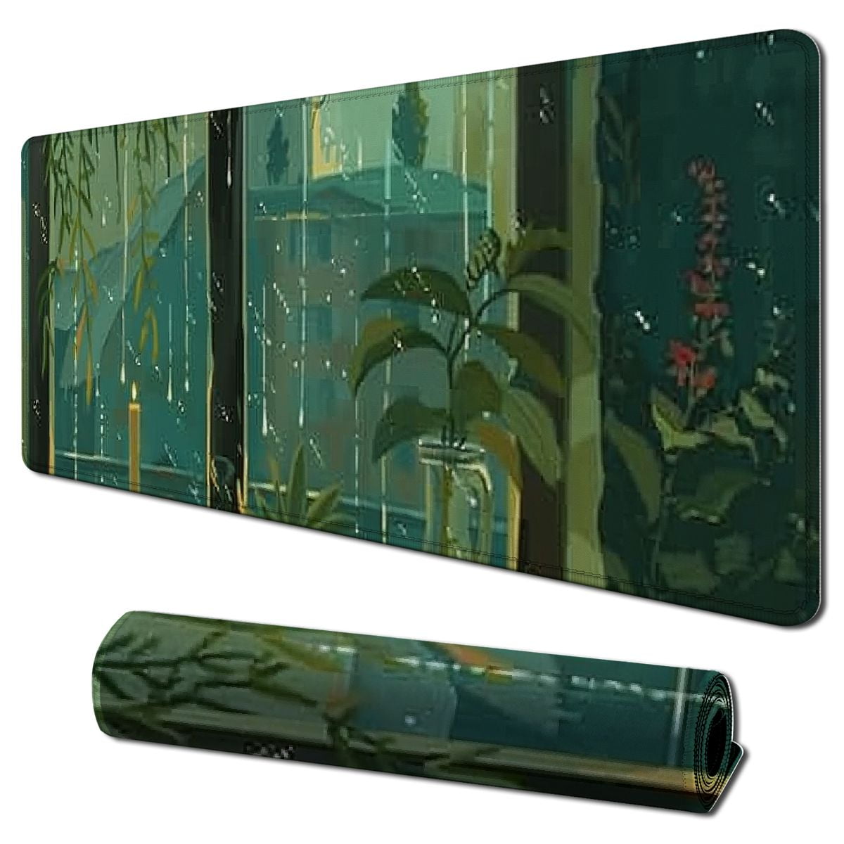 nygtbtfer Cute Rainy Night Desk Mat Green Plants Desk Pad, Anime Black ...