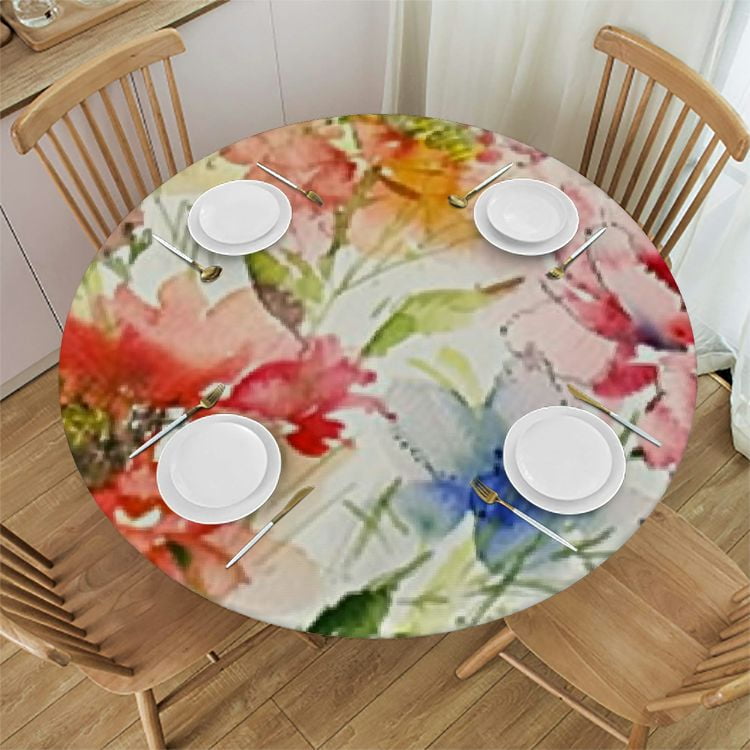 nygtbtfer Flowers Watercolor Round Tablecloth with Elastic Edge Fitted ...