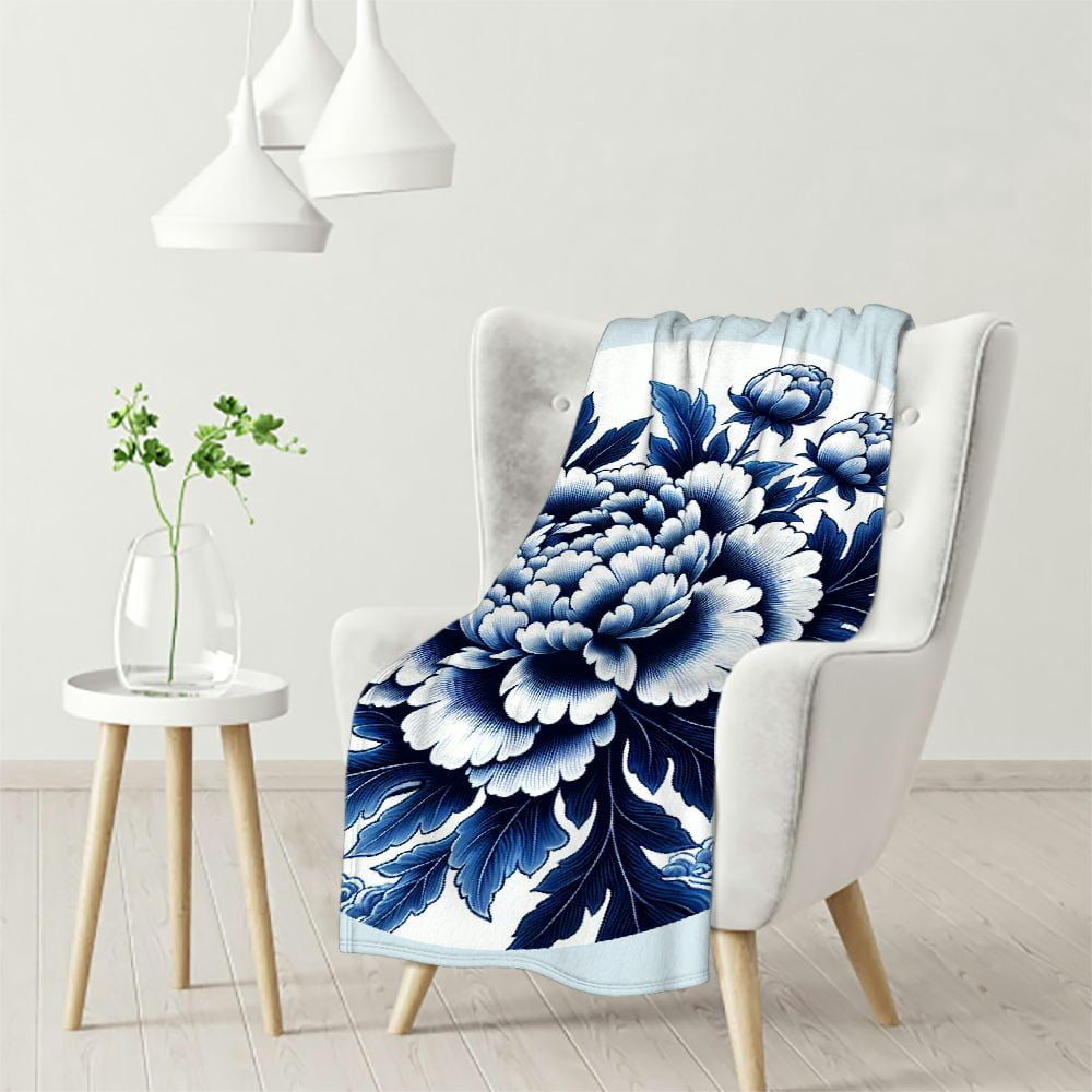 nygtbtfer Throw Blankets for Bed Blue White Flower Ultra-Soft Micro ...