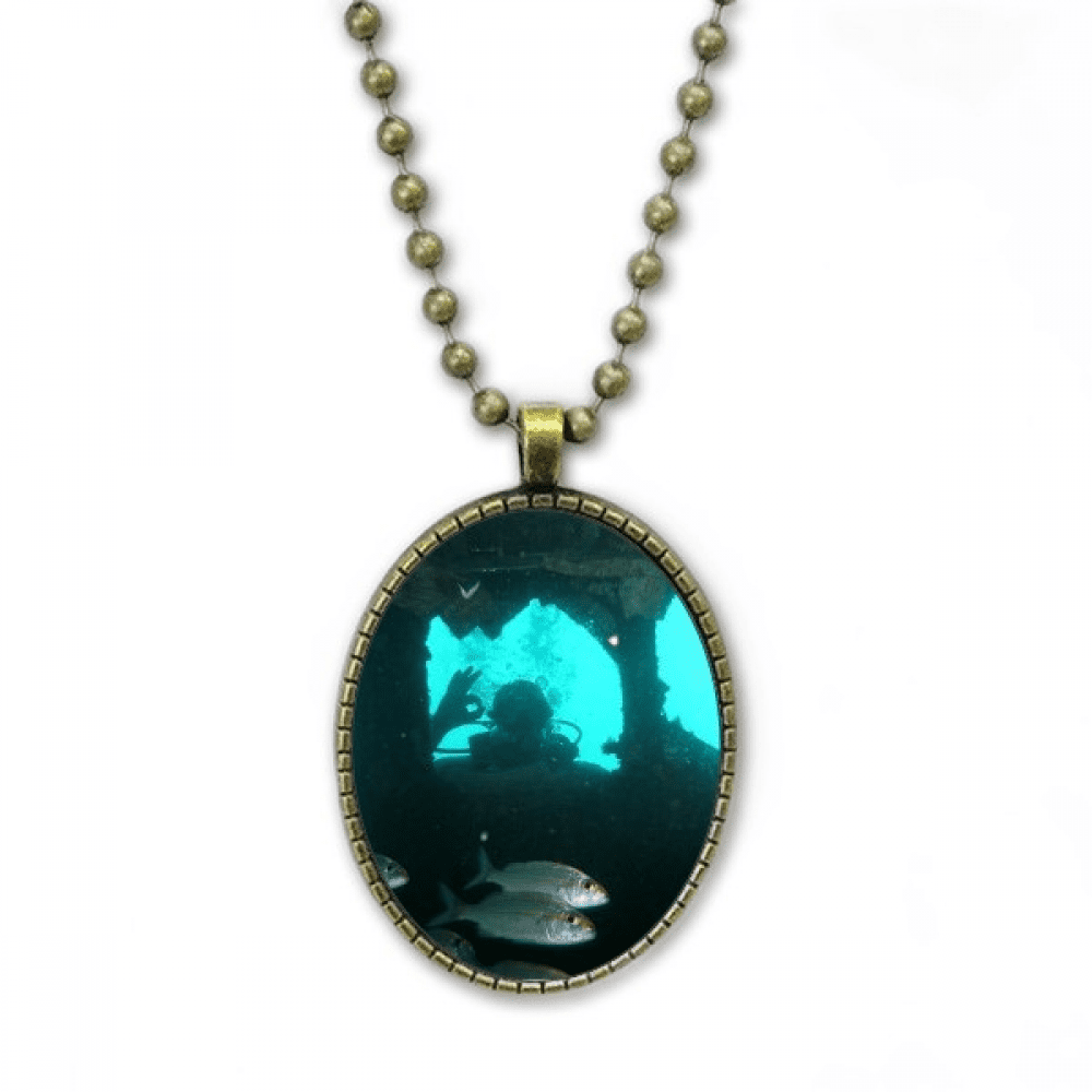 ocean fish diving people nature picture necklace vintage chain bead ...