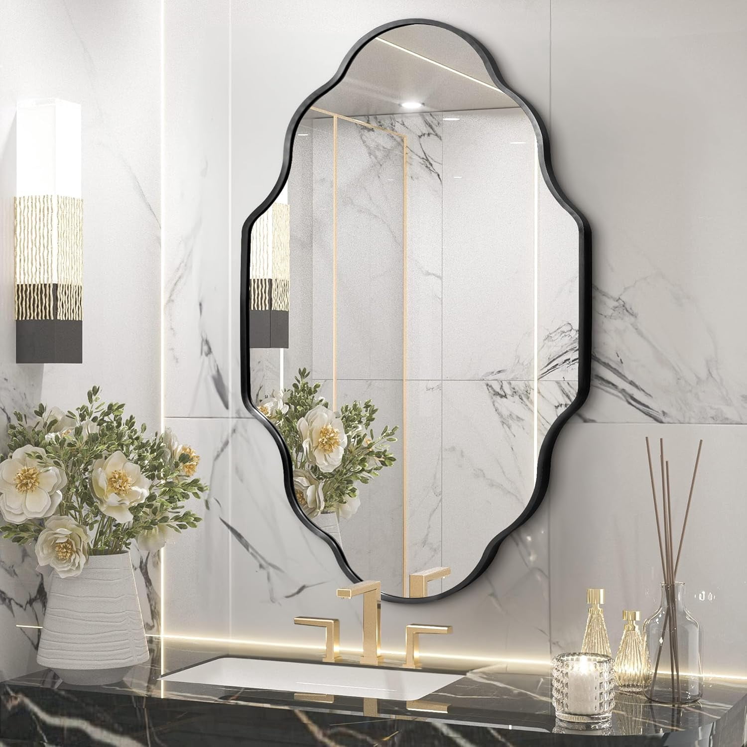 octopus Black Bathroom Mirror, 24"X36" Scalloped Mirror for Bathroom ...