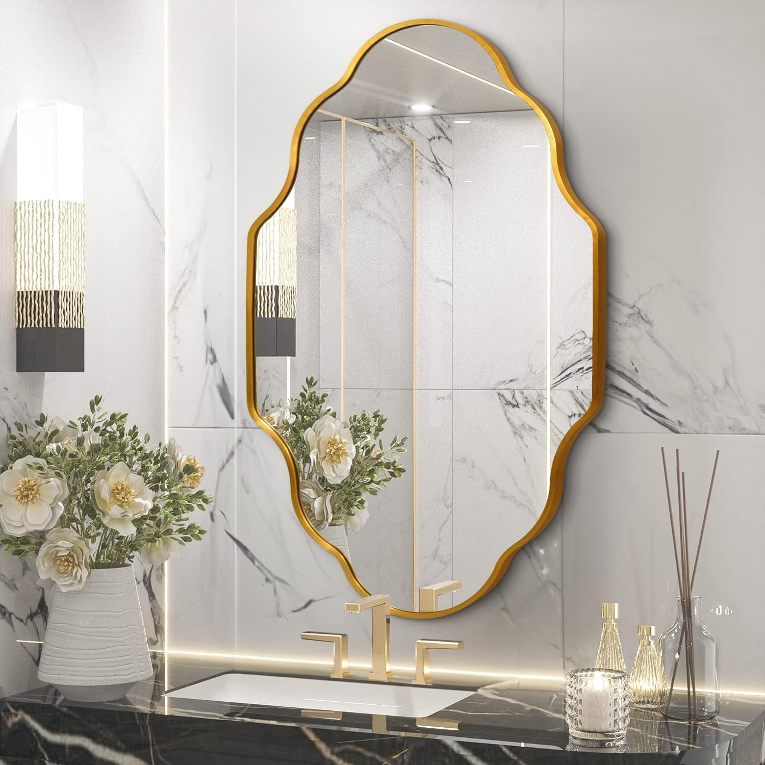 octopus Gold Bathroom Wall Mirror, 24" L x 36" W Scalloped Mirrors for ...