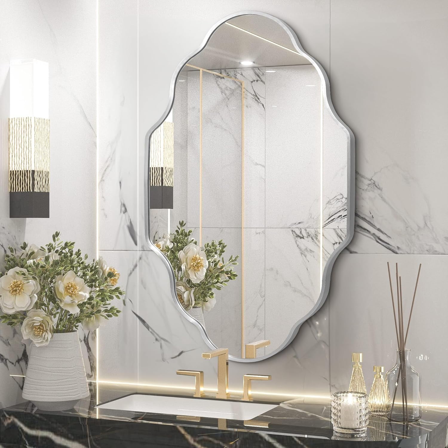 octopus Silver Bathroom Mirror, 24"X36" Scalloped Mirror for Bathroom ...