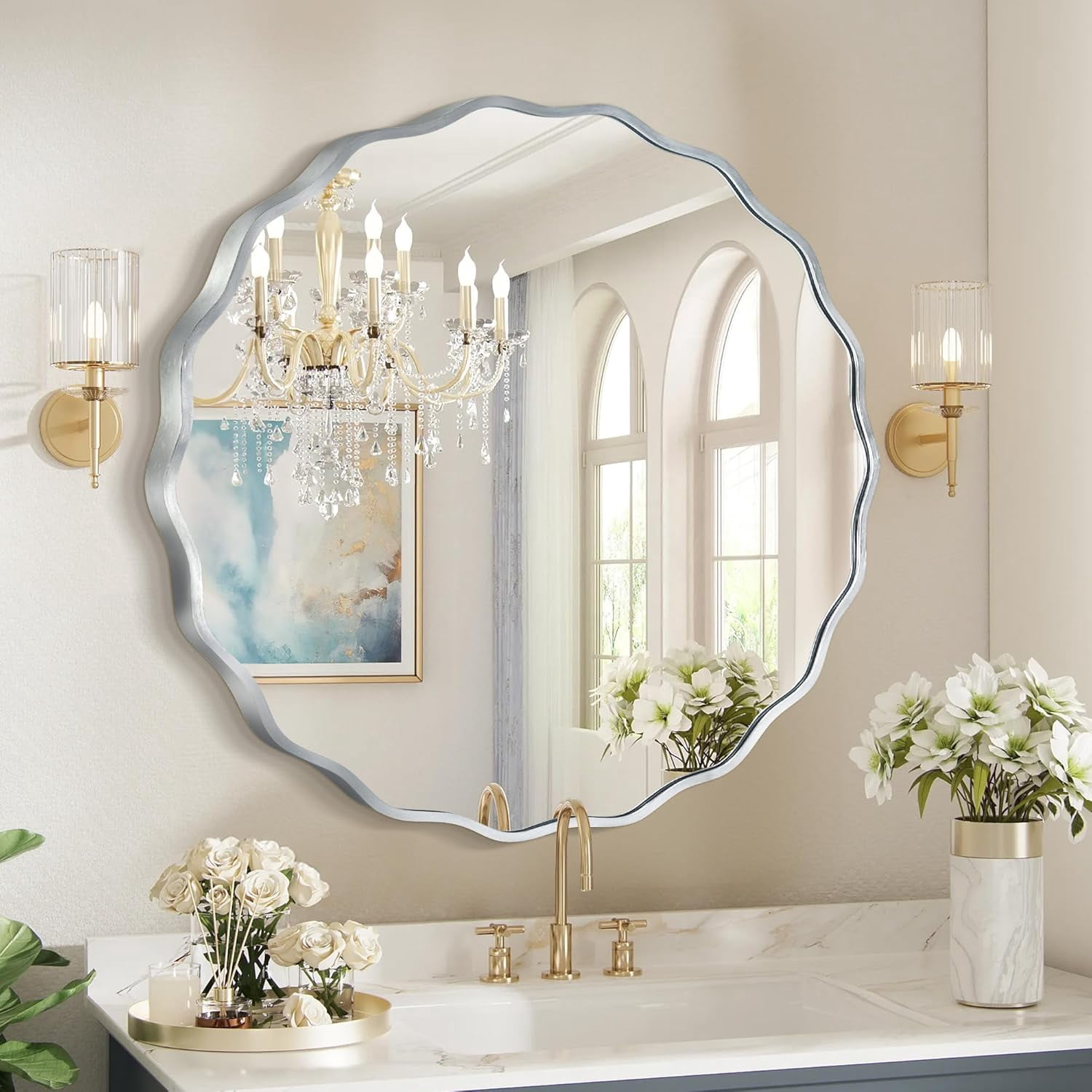 octopus Silver Round Bathroom Mirror, 24"x24" Circle Wavy Mirror for ...