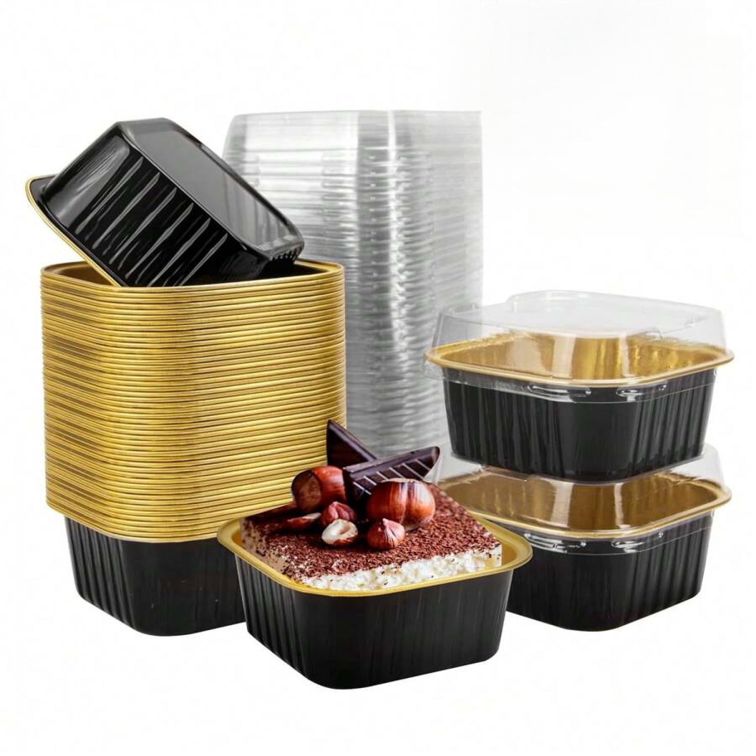 odorsTT 100 pcs Black Baking Cups Aluminum Foil with Lids, 5oz Square ...