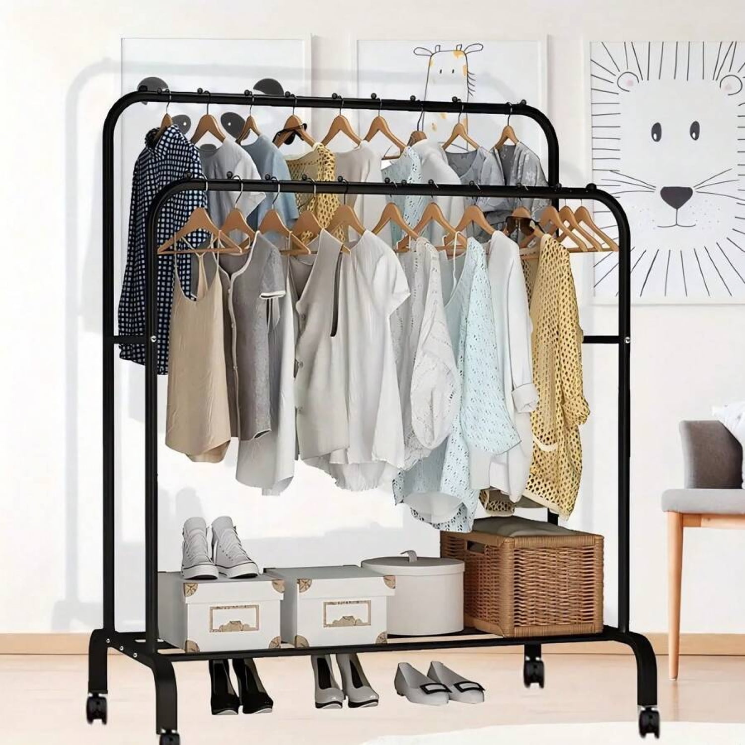 odorsTT Metal Double Rodding Clothes Rack With Wheels, Portable ...
