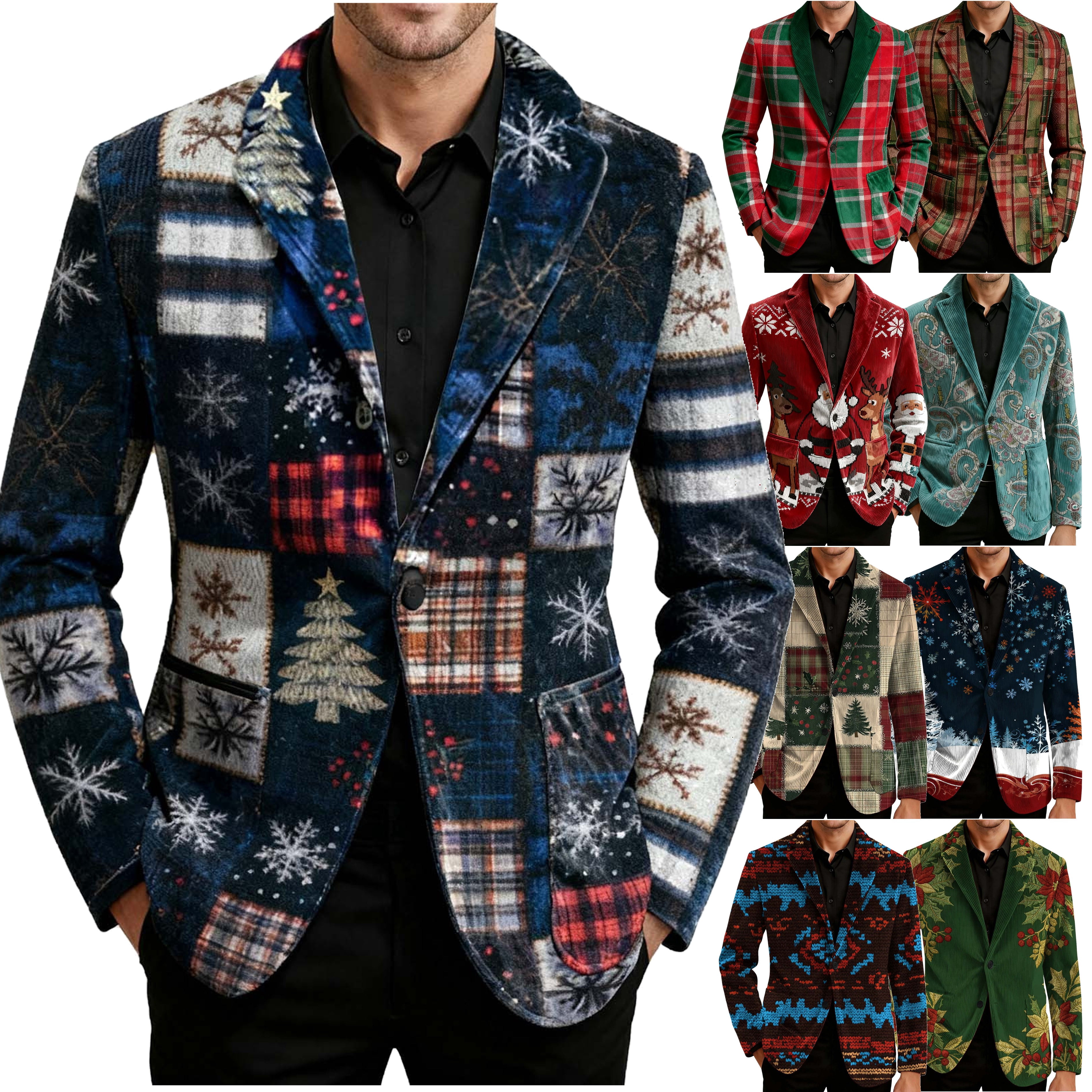 oelaio Men's Christmas Party Blazer Ugly Xmas Novelty Print Tuxedo Suit ...