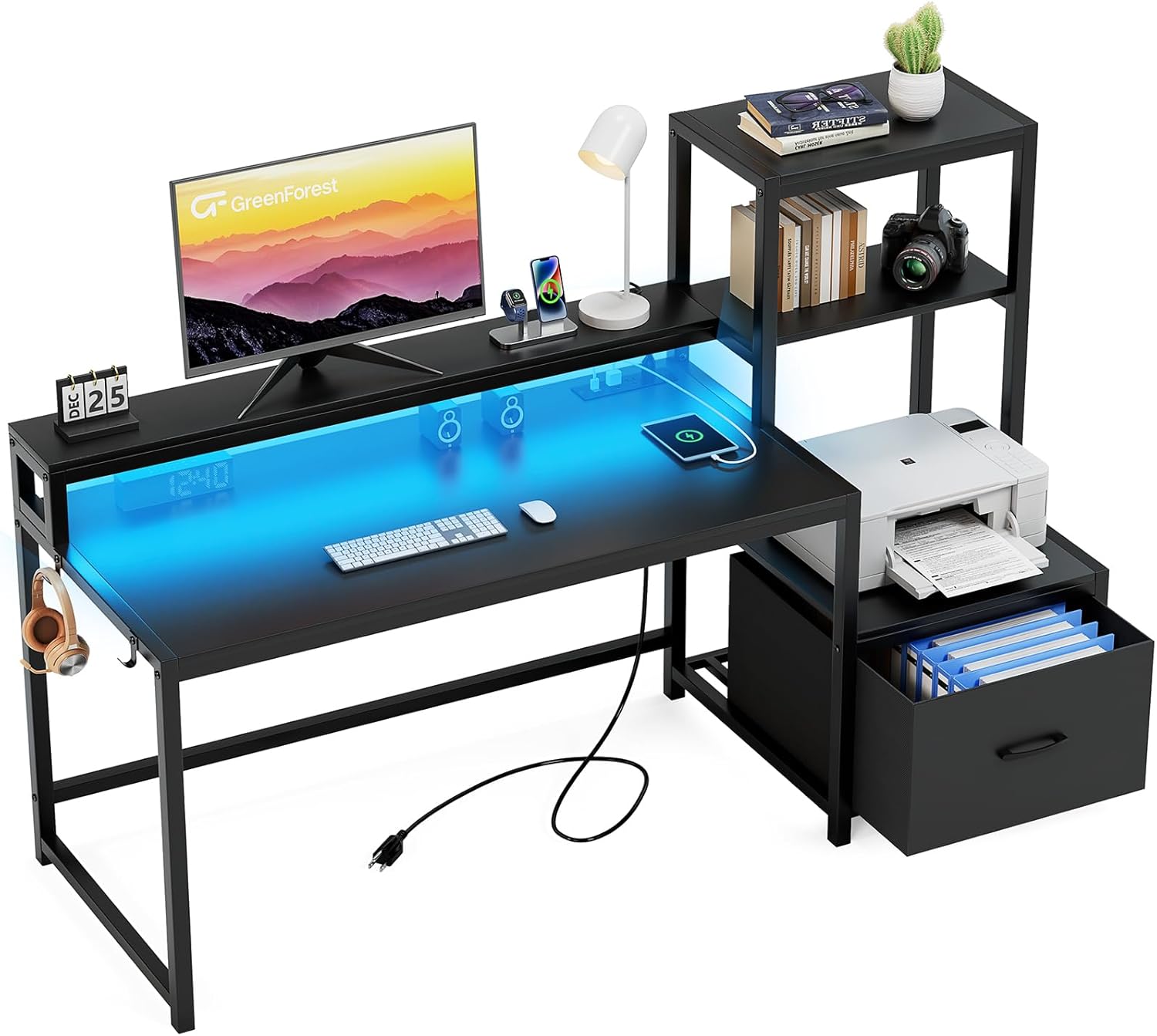 **office desk with power outlets and printer shelf, 68.8 inch computer ...