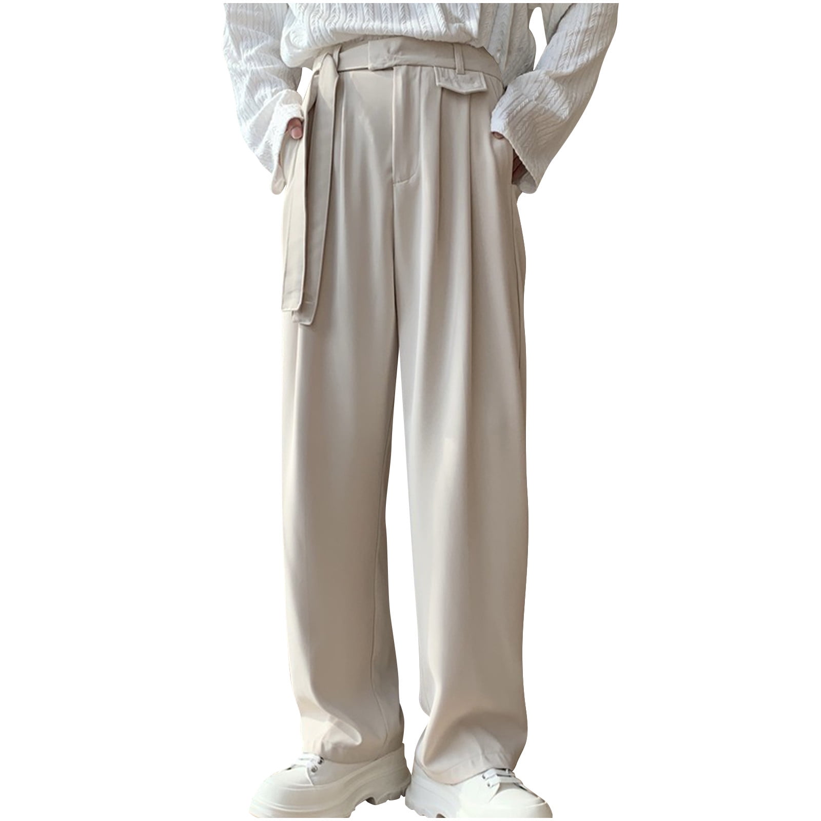 ohmzyzo Men's Fold Pleated Pants Straight Wide Leg Suit Pants Business ...